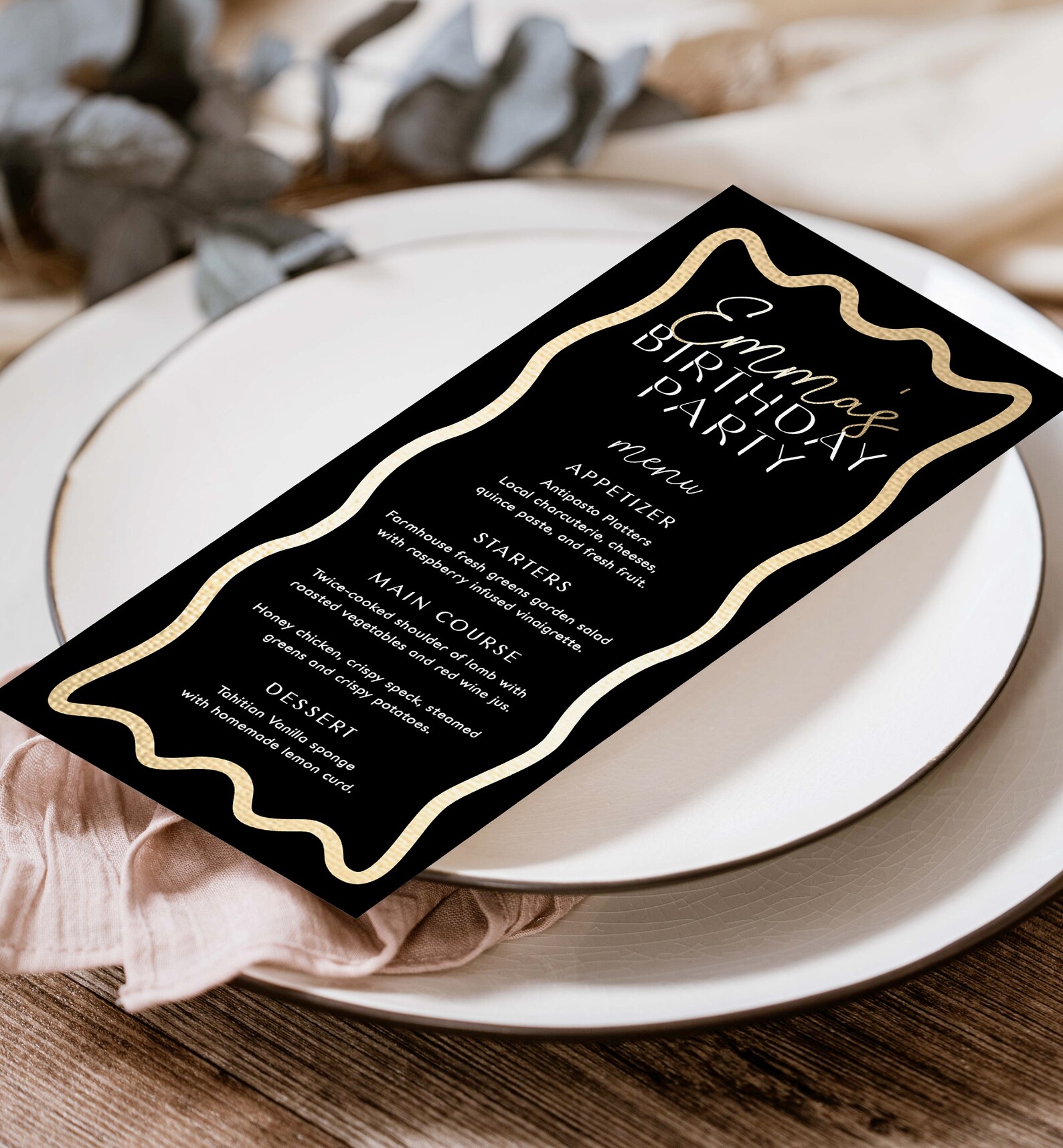 Printable Black Gold Menu Template, Wave Curvy Line, Male Birthday Menu ...