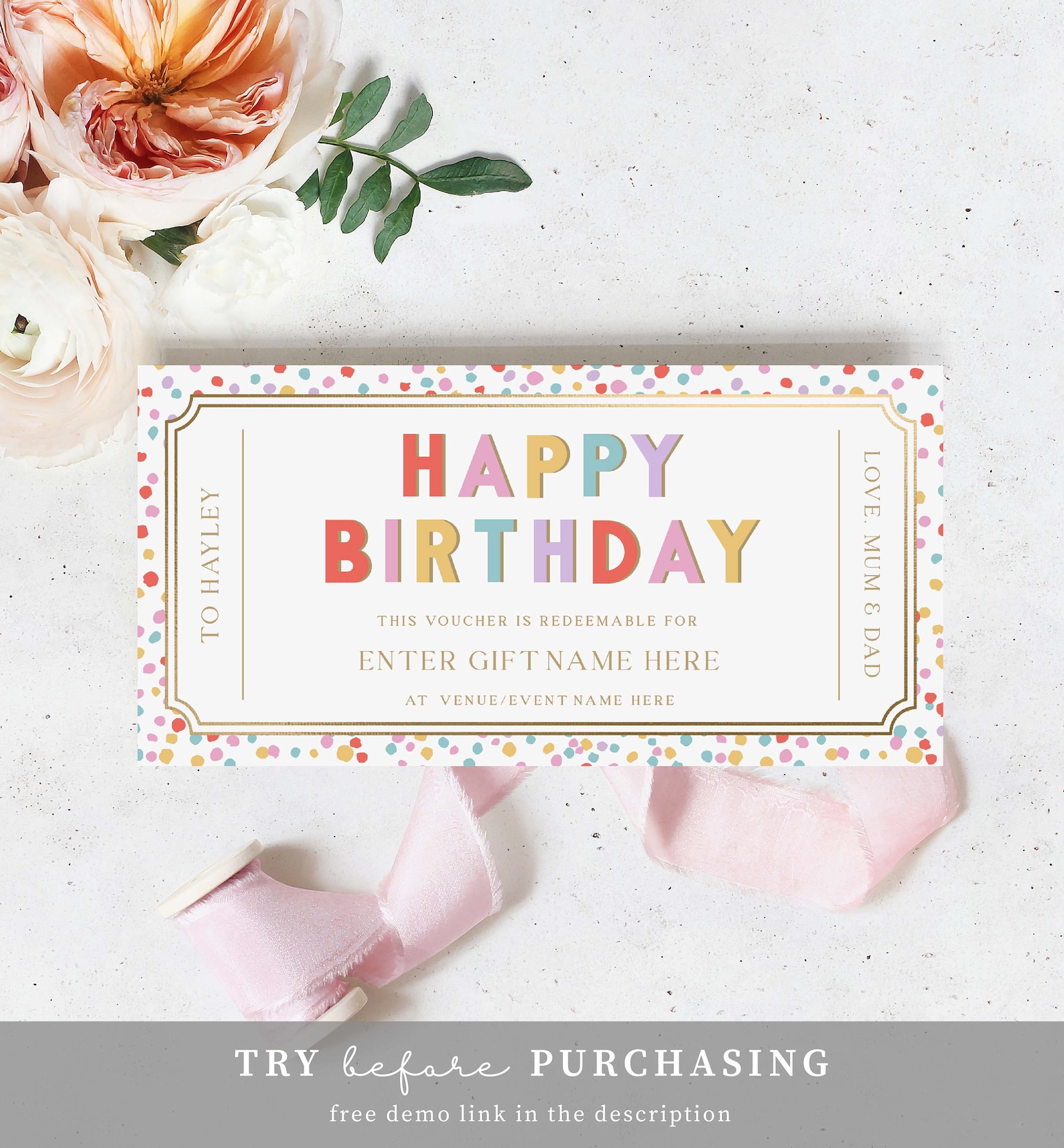 Printable Birthday Gift Voucher Template, Multi Dot Design (digital ...