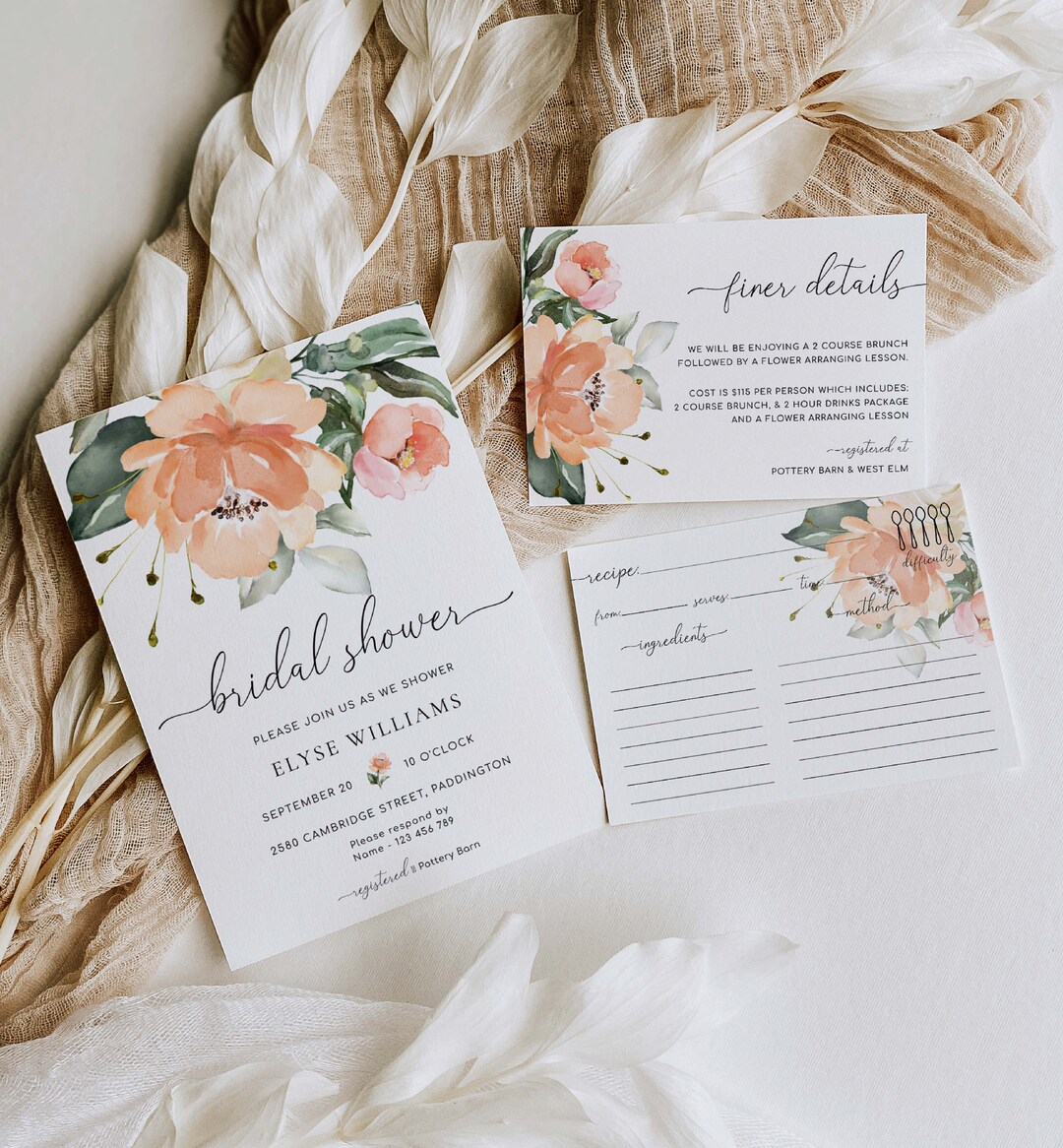 Fall Autumn Floral Bridal Shower Invitation, Recipe Card, Details Card ...