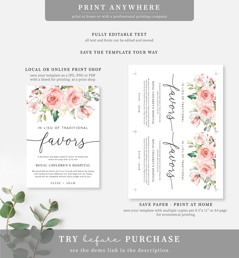 Printable in Lieu of Favors Sign Wedding Donation Sign - Etsy Australia