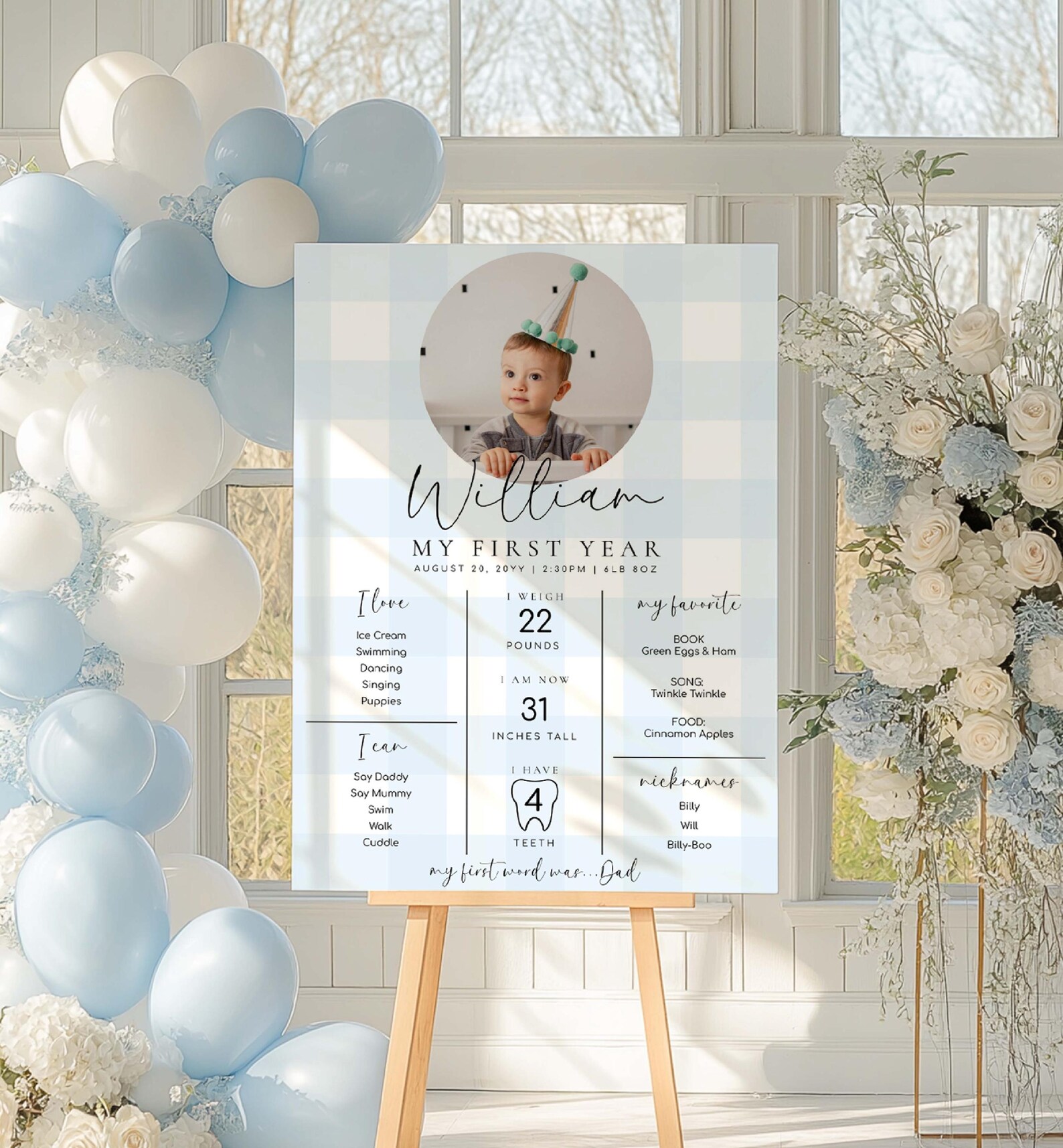 Printable Baby Milestone Board, Blue Gingham Check, Baby's First Year ...