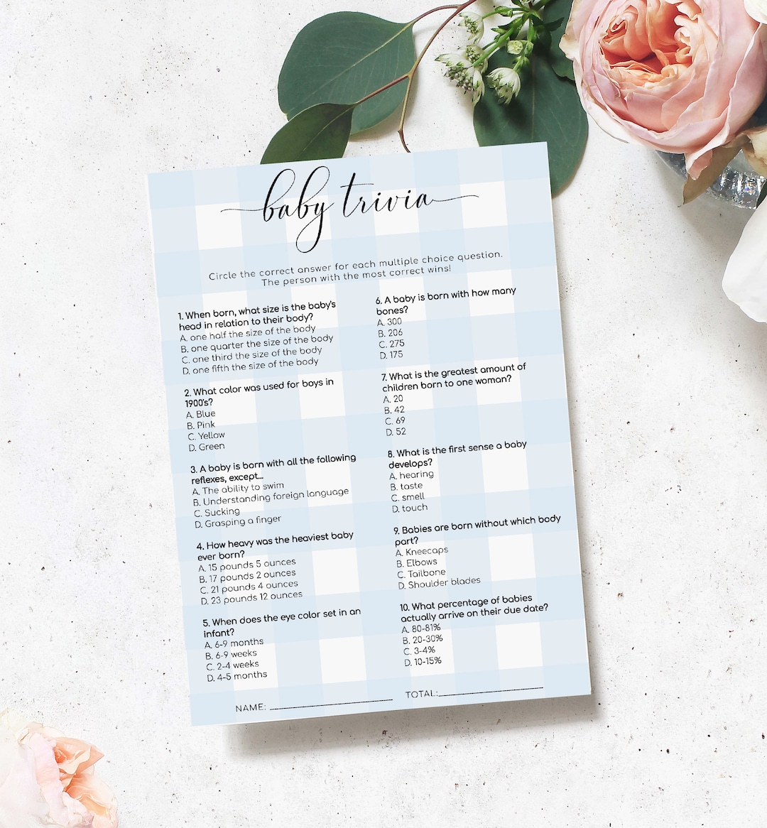 Printable Baby Trivia Game, Blue Gingham, Couples Baby Shower, Boy Baby ...