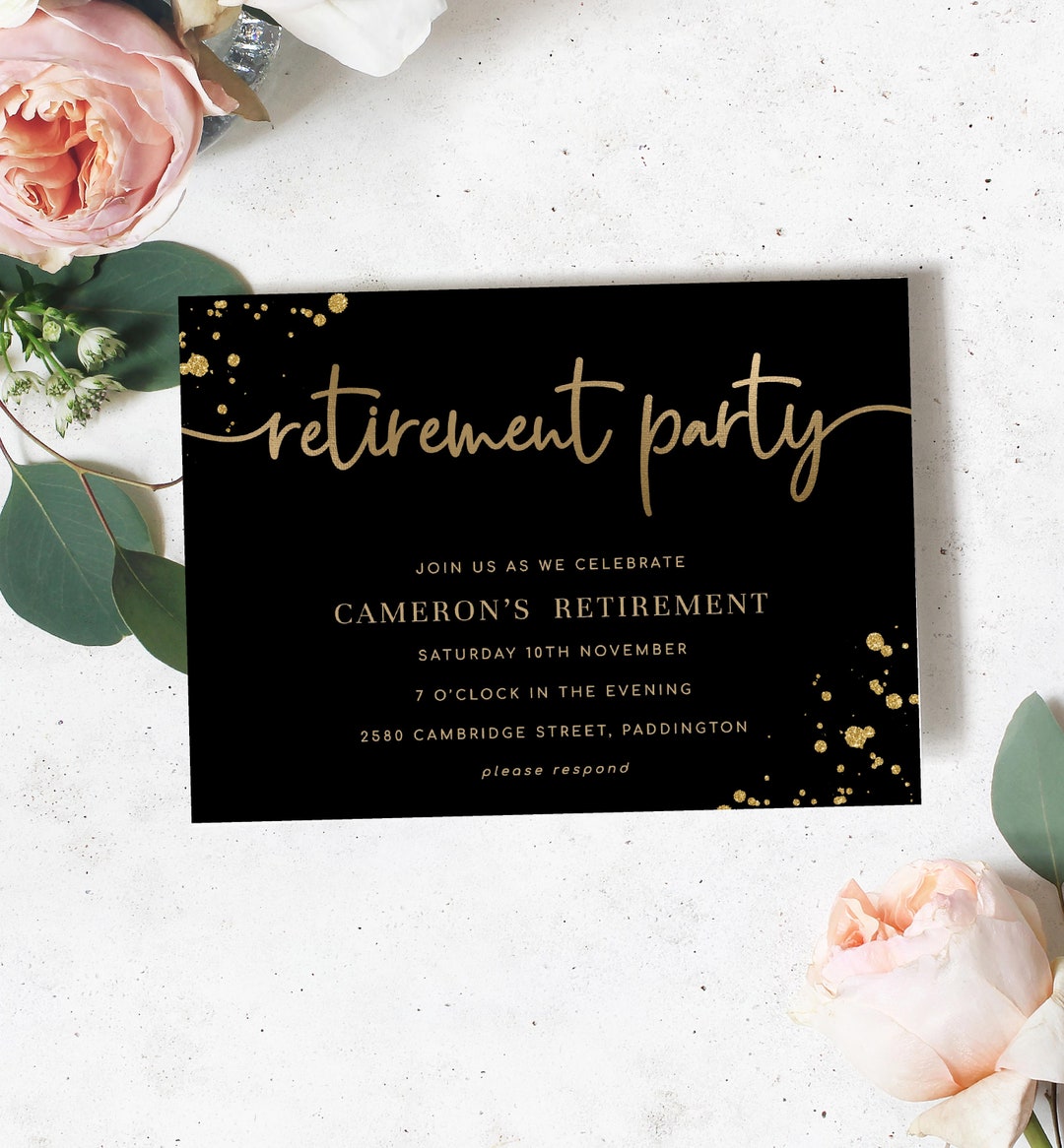 Black and Gold Retirement Party Invitation - Printable Editable ...