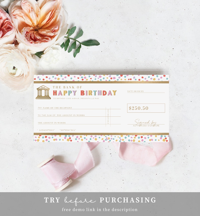 Birthday Cheque Template Fake Bank Cheque Gift Voucher - Etsy