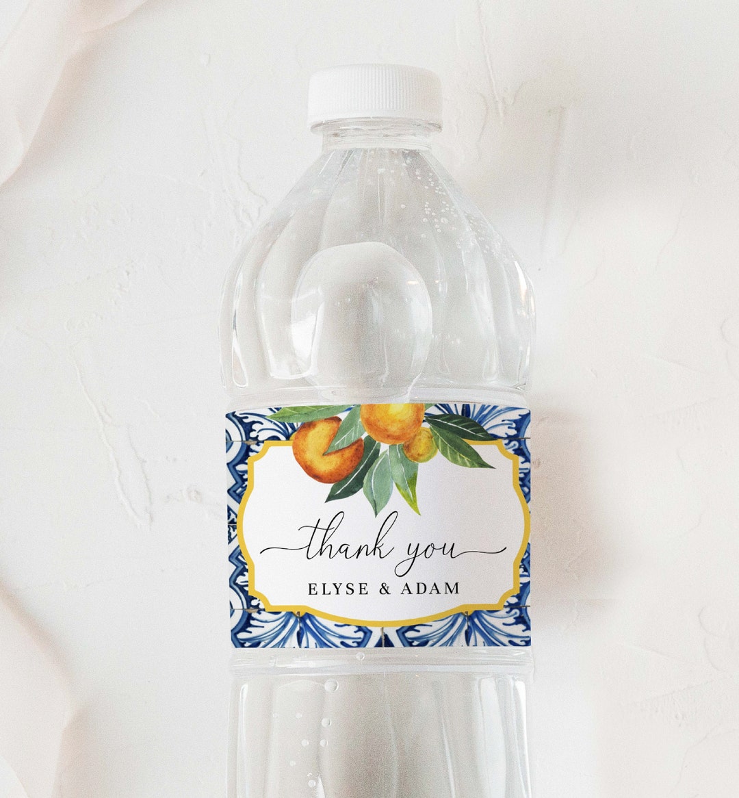 Printable Water Bottle Labels, Positano Blue Tile Orange Wedding Water ...