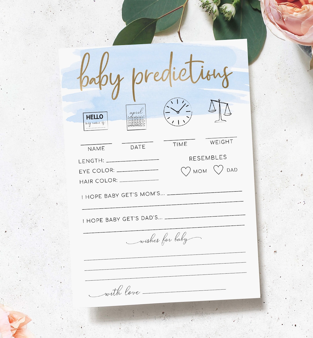 Blue Watercolour Baby Predictions Game, Blue Watercolor, Printable Boy ...