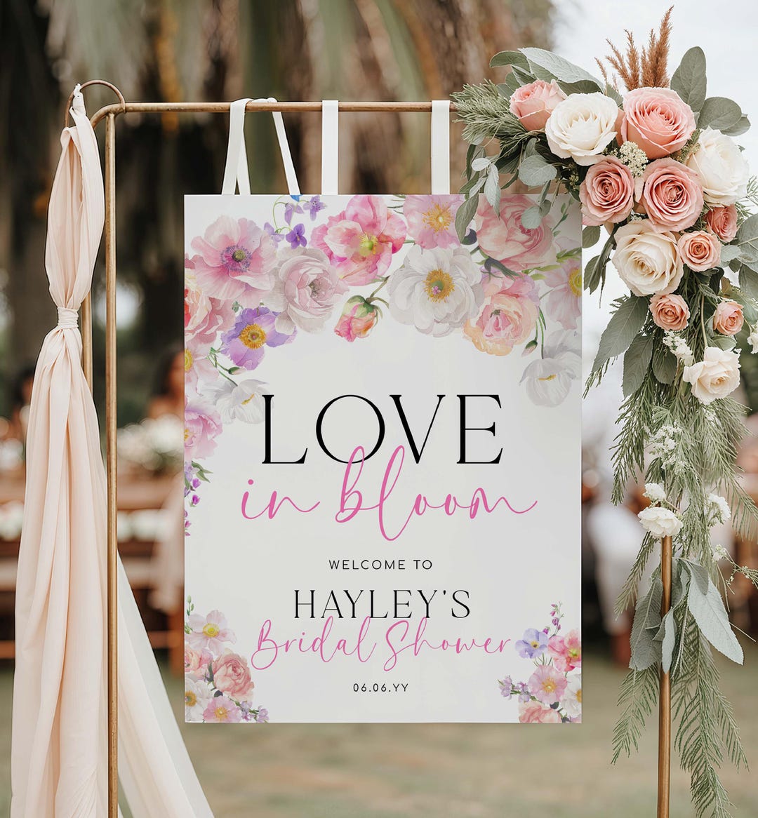 Love in Bloom Welcome Sign, Printable Pink Wildflowers Welcome Sign ...