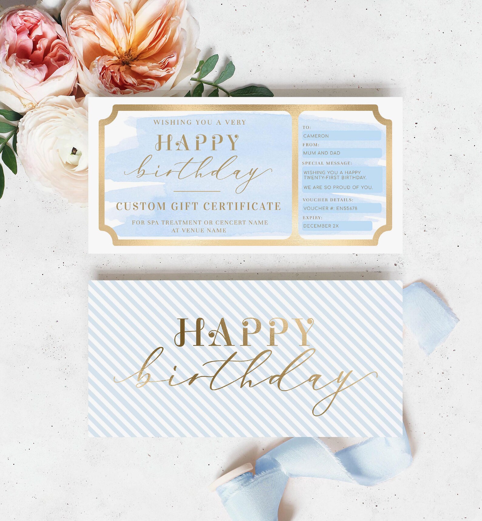 Happy Birthday Custom Gift Certificate Template Blue | Etsy