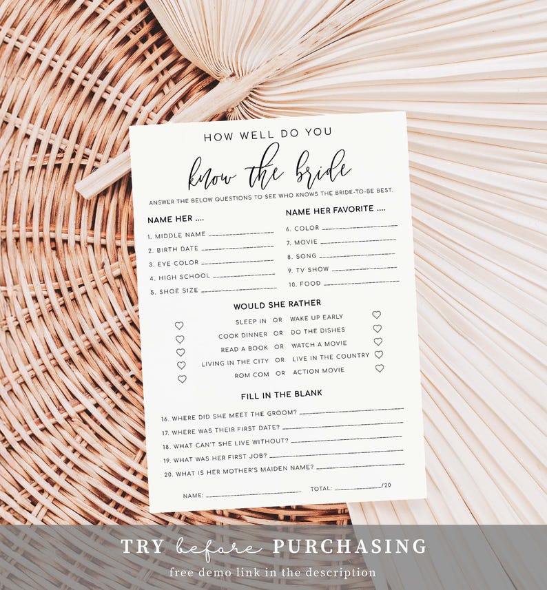 Bridal Shower Trivia Game, How Well Do You Know the Bride (digital ...