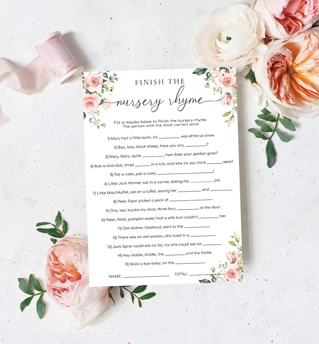 Finish the Nursery Rhyme Game, Blush Pink Floral, Printable Baby Shower ...