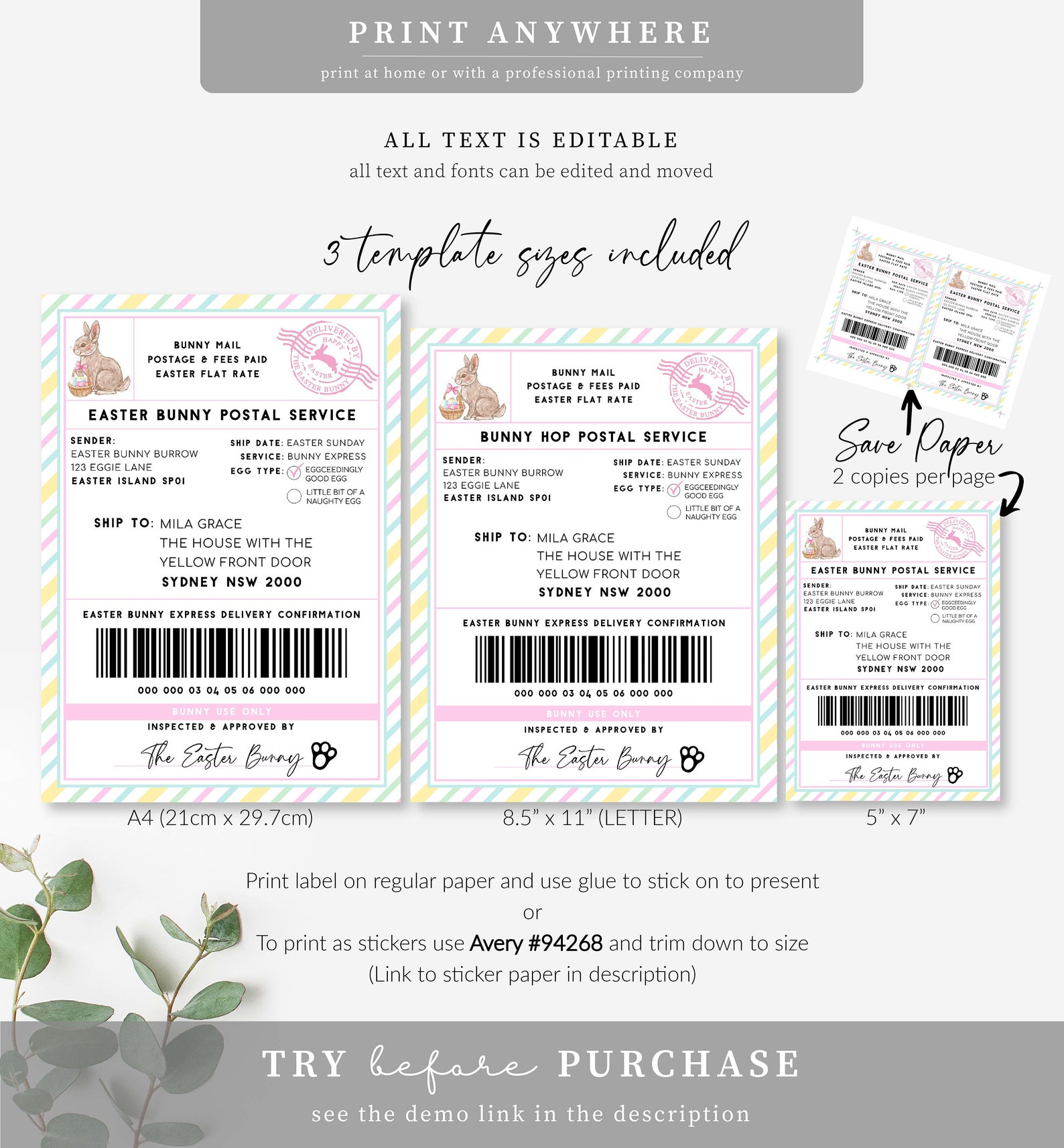 Printable Easter Bunny Shipping Label, Special Delivery Gift Tag ...