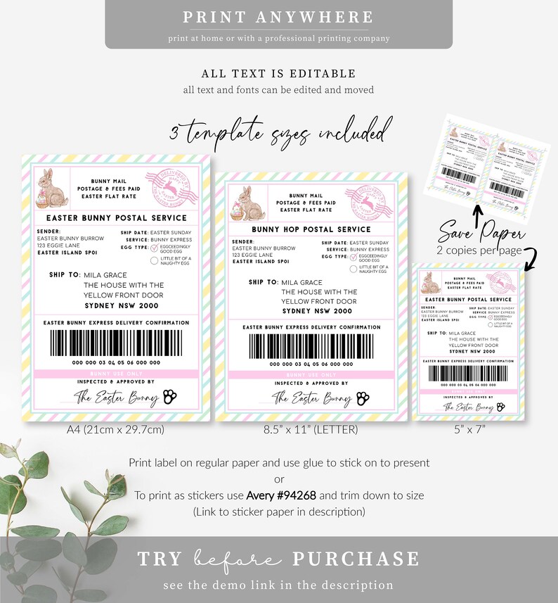 Printable Easter Bunny Shipping Label, Special Delivery Gift Tag ...