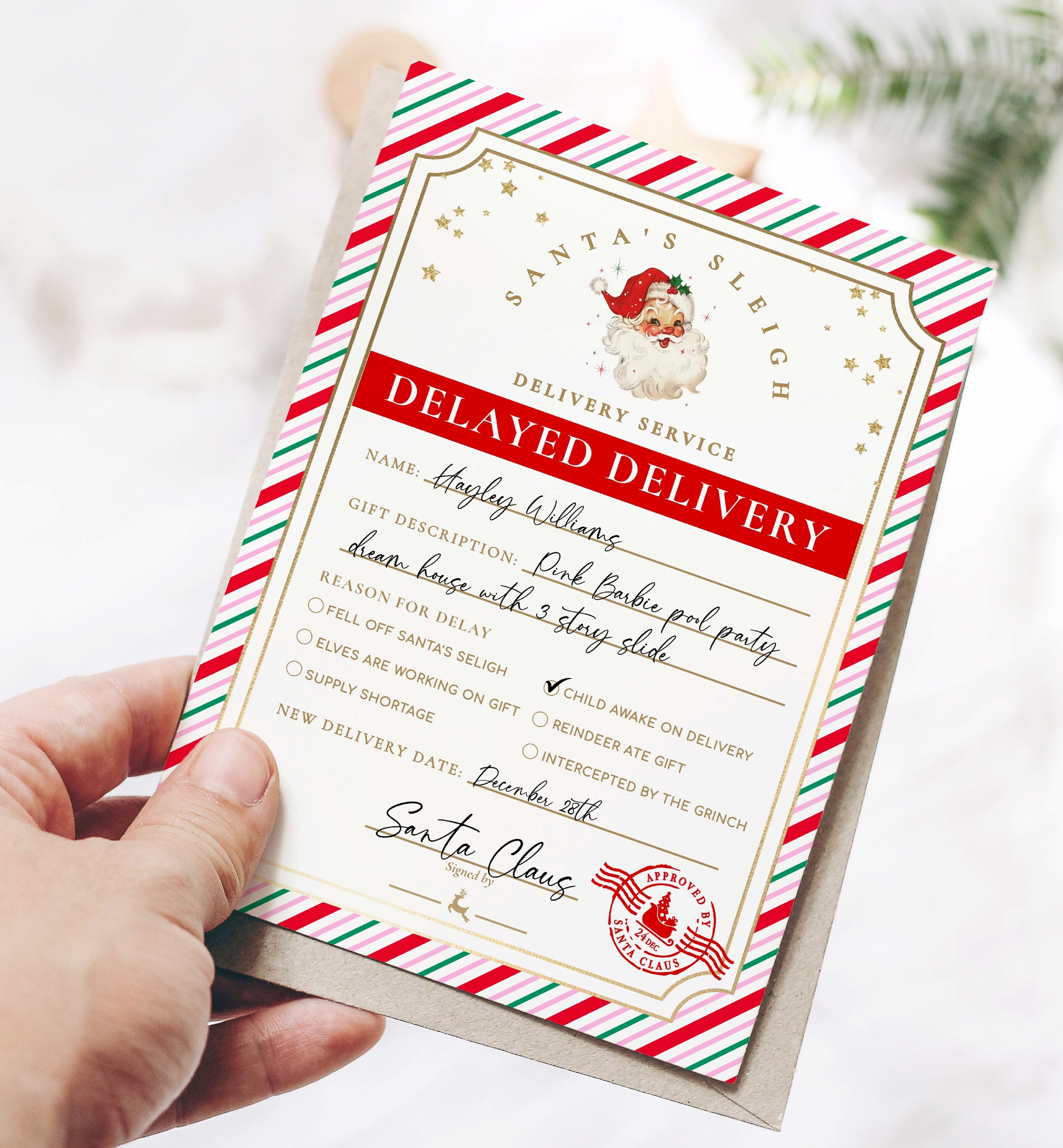 Printable Delayed Delivery Notice, Lost Christmas Present Note, Running ...