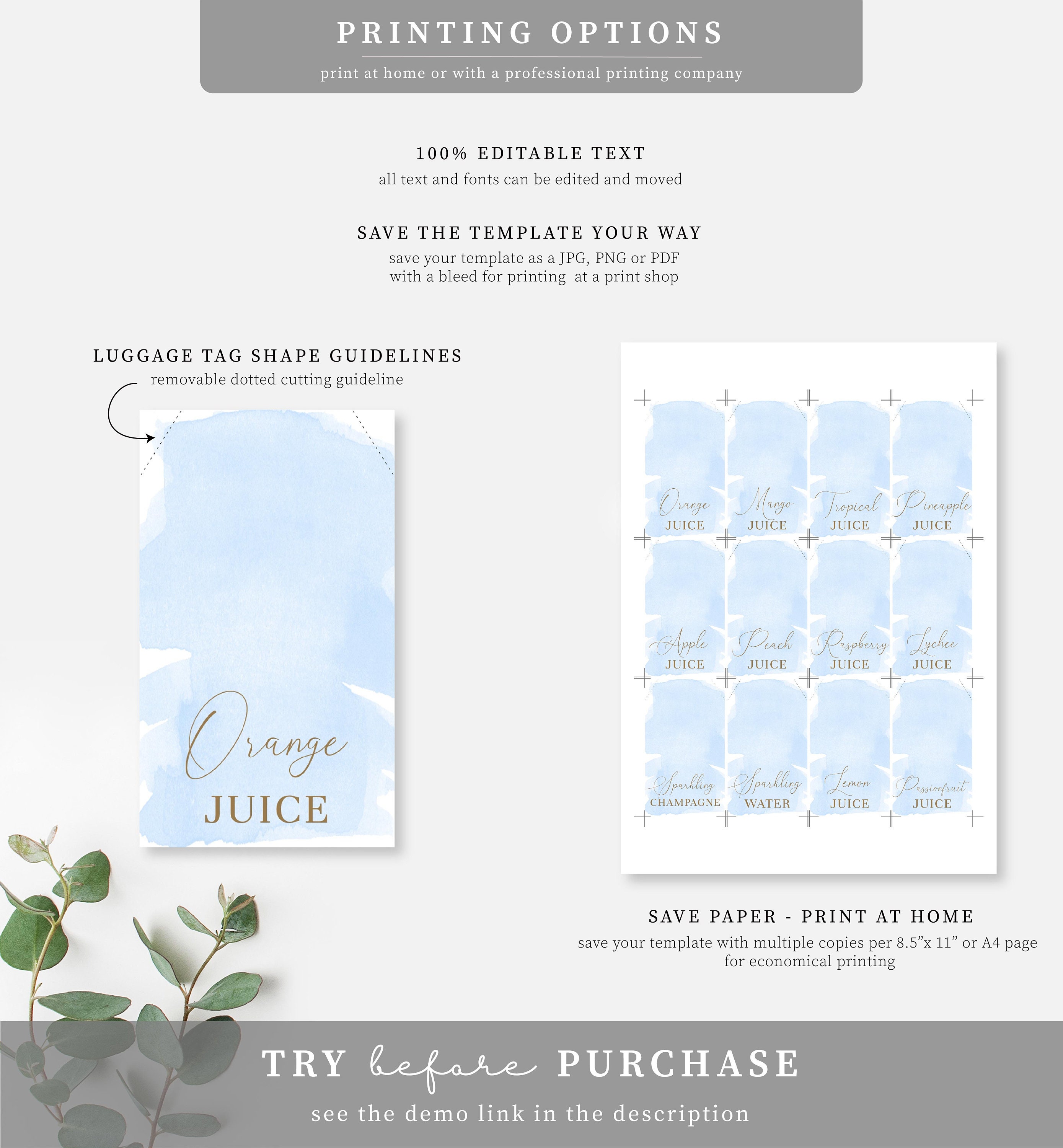 Juice Tags - Blue Watercolour - Printable Mimosa Bar Juice Tags - Mom ...