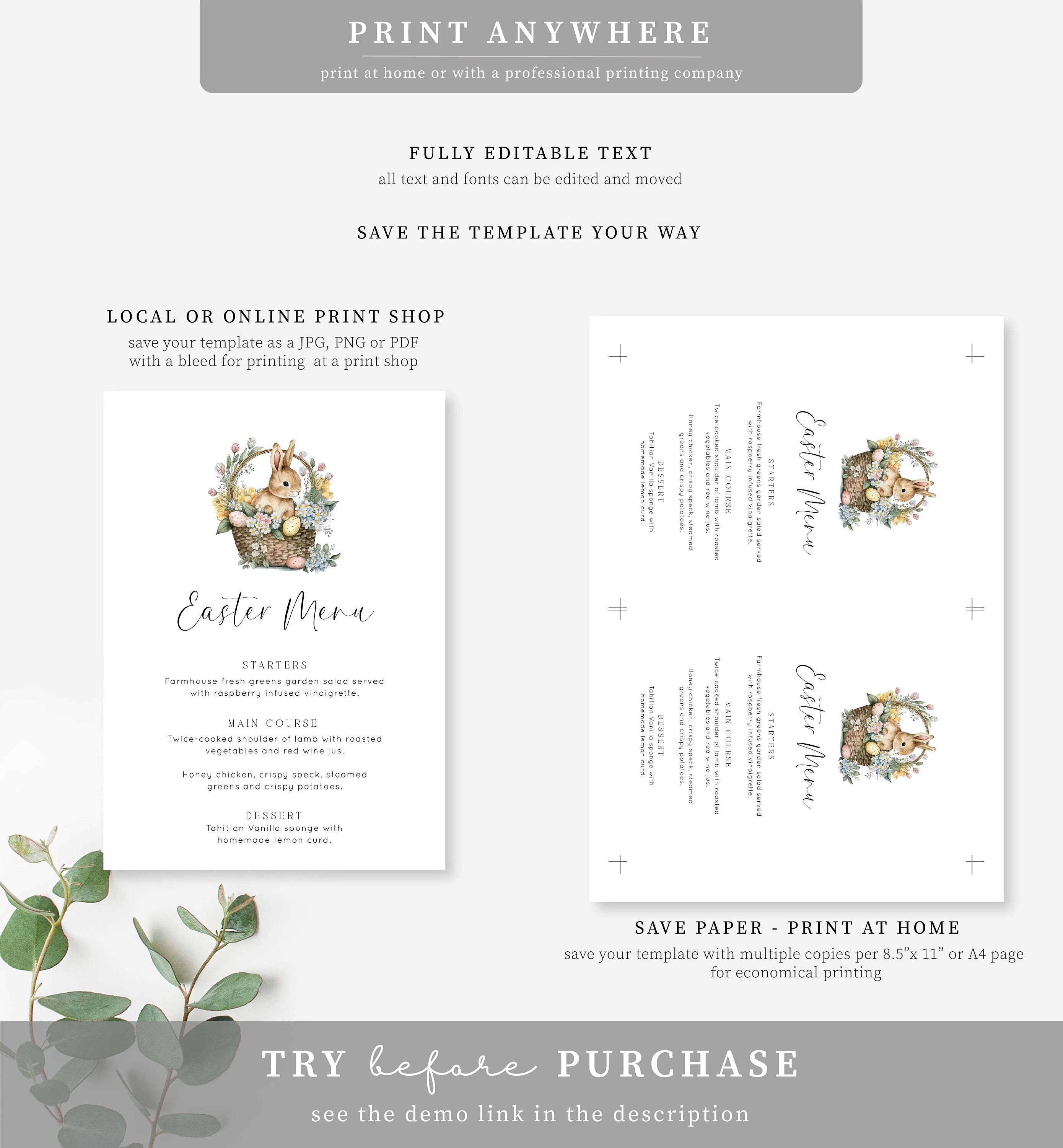 Printable Easter Menu Template, Easter Brunch Menu, Easter Lunch Menu ...