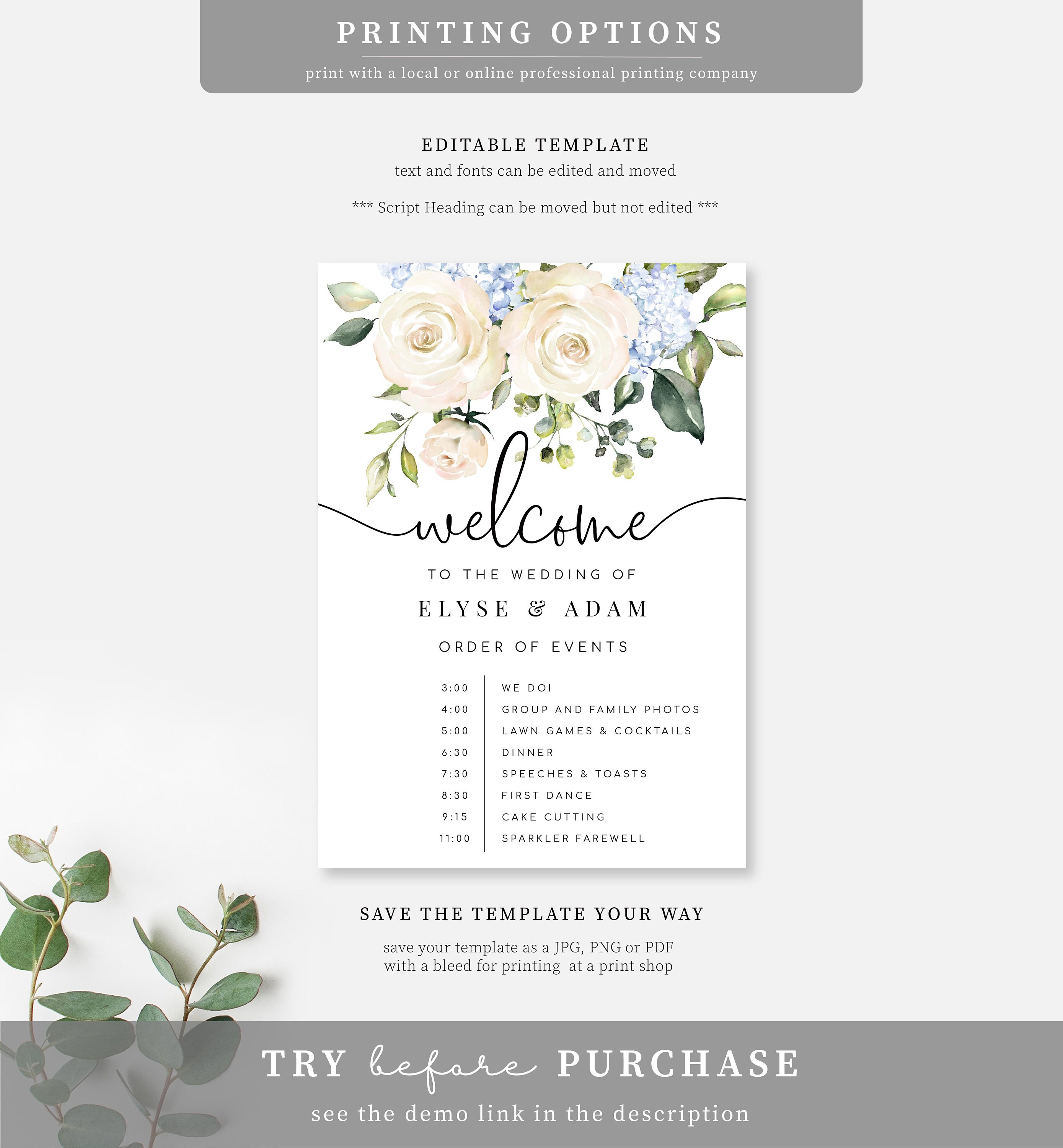 Order of Events Welcome Template White Rose Blue Hydrangea | Etsy