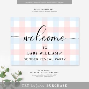 Printable Welcome Sign, Pink Blue Gingham Gender Reveal Party Welcome ...