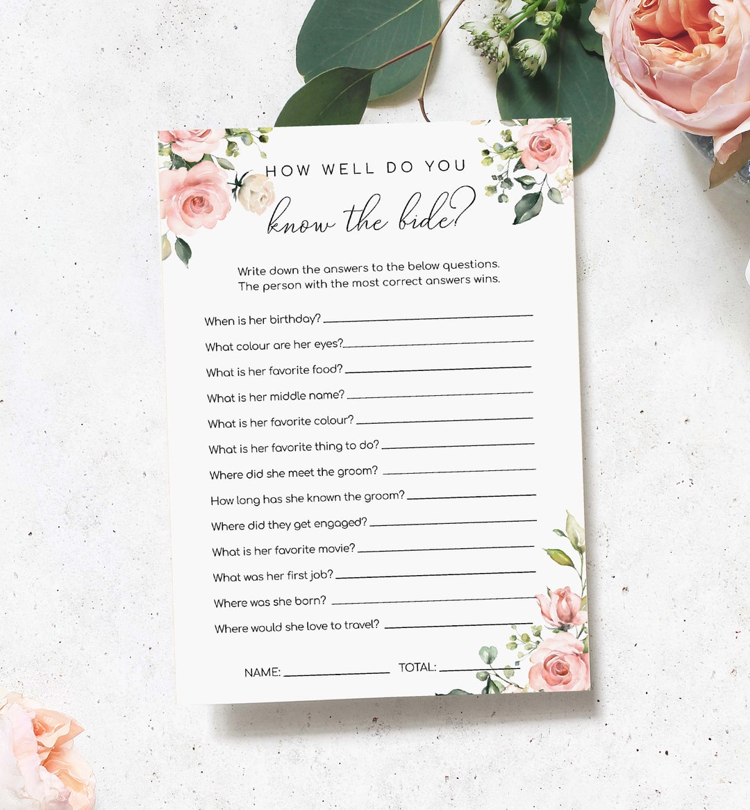 Printable How Well Do You Know the Bride Game Card, Blush Floral Bridal ...