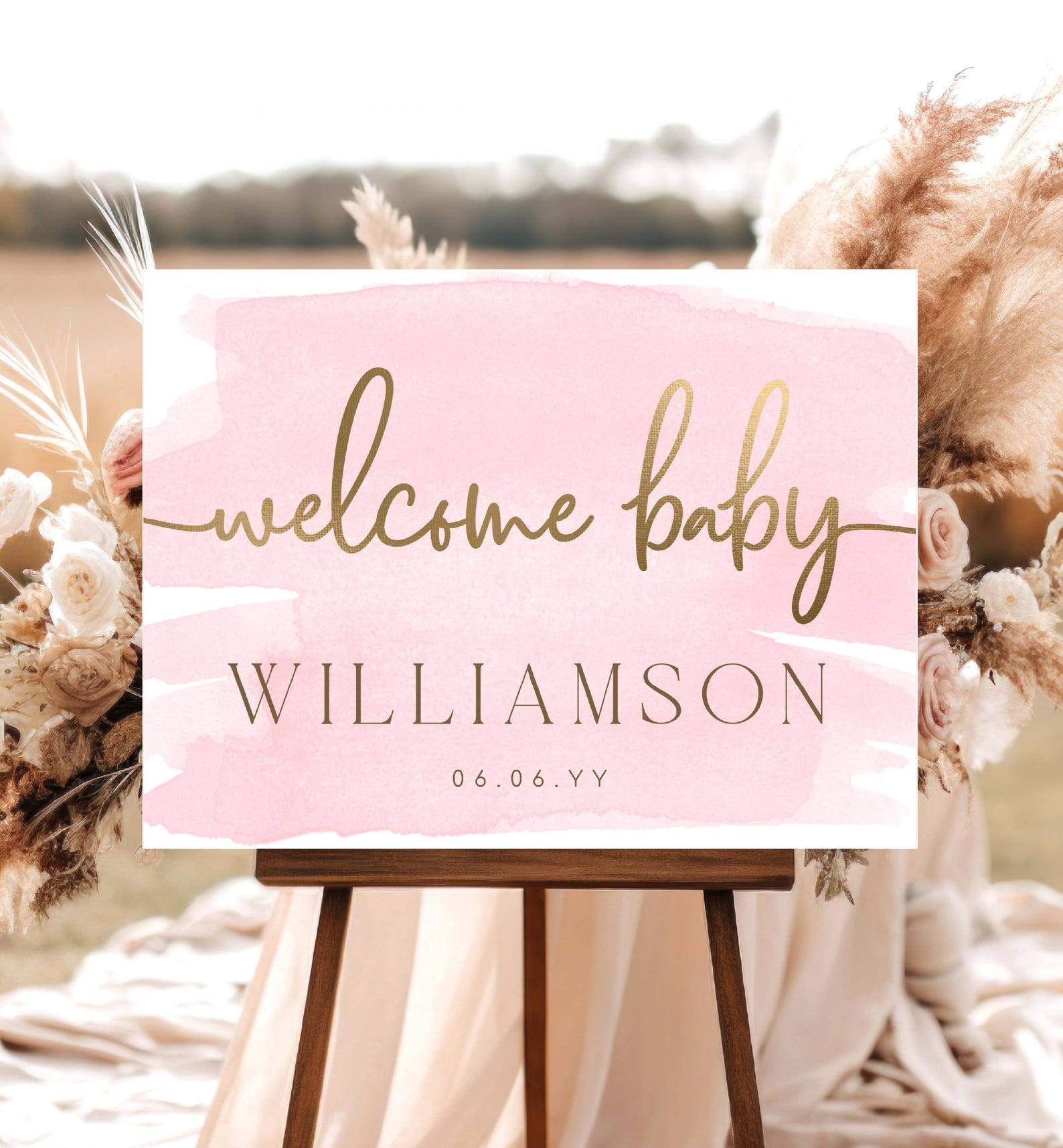 Pink Watercolor Baby Shower Welcome Sign, Faux Gold (digital Download ...