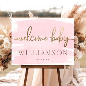 Welcome Baby Sign, Welcome Sign Template, Printable Pink Watercolour ...