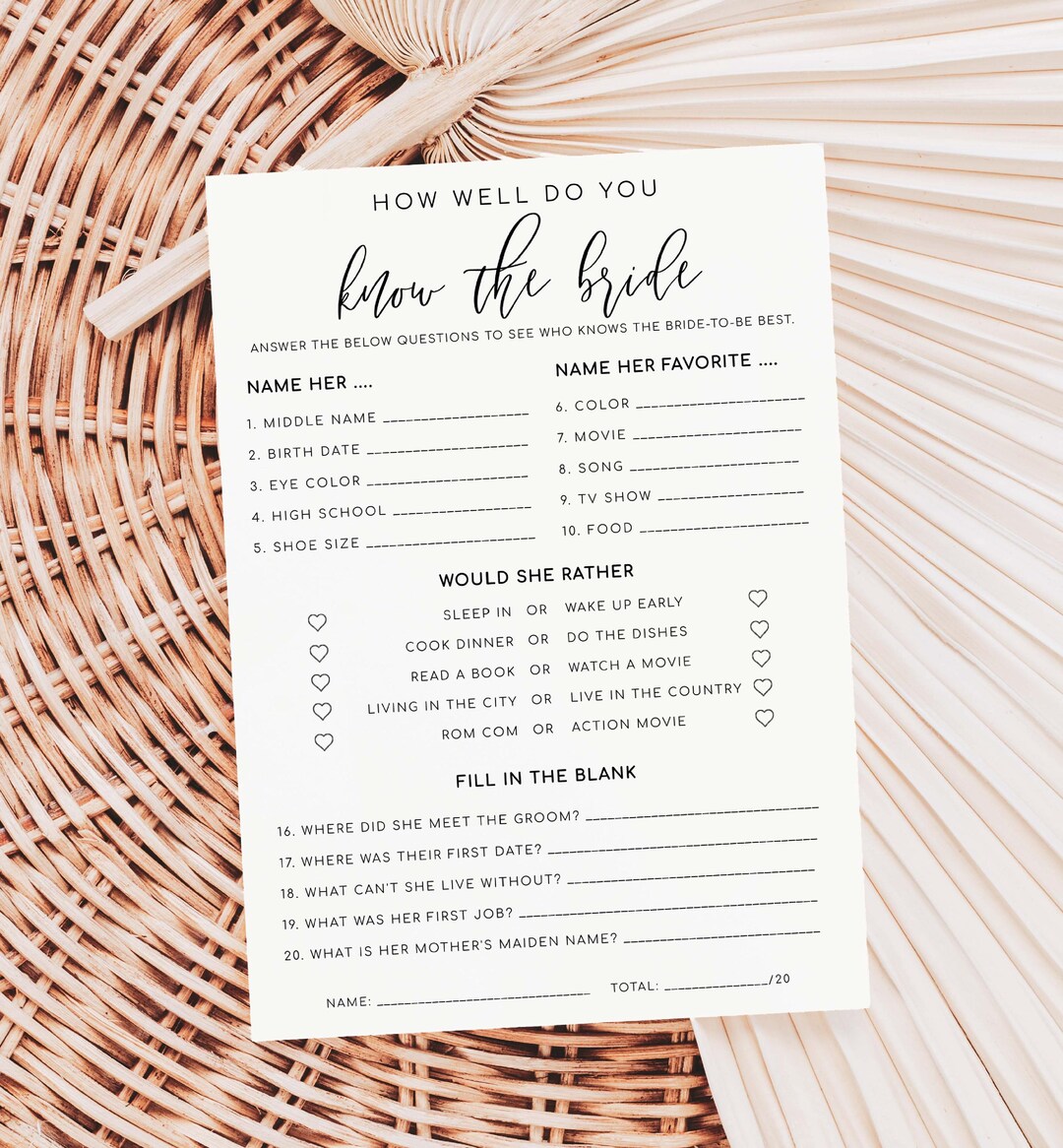 How Well Do You Know the Bride Game, Bridal Shower Trivia Game, Modern ...
