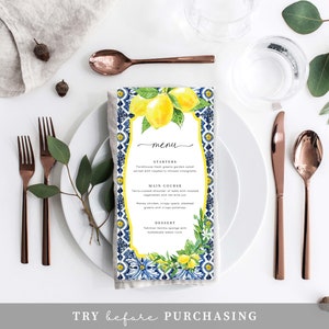 Printable Menu Template, Positano Blue Tile Lemons, Italian Almalfi ...