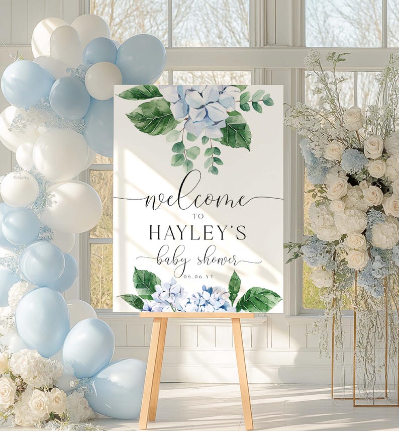 Printable Welcome Sign Template, Blue Hydrangea, Boy Baby Shower ...