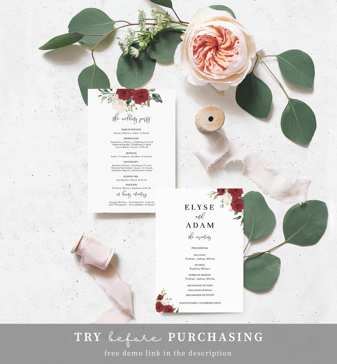 Printable Red Floral Wedding Program Template Editable - Etsy