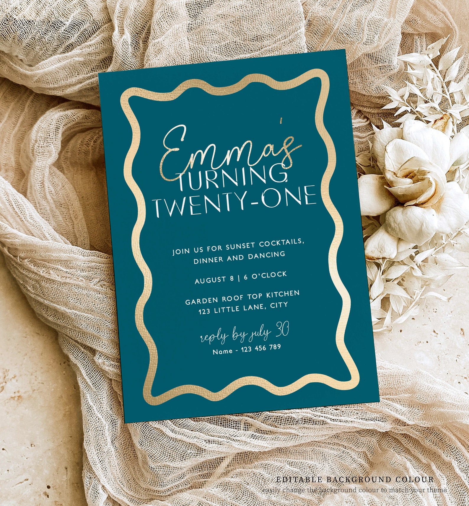Printable Twenty First Birthday Party Invitation, Wave Curvy Line, Hot ...