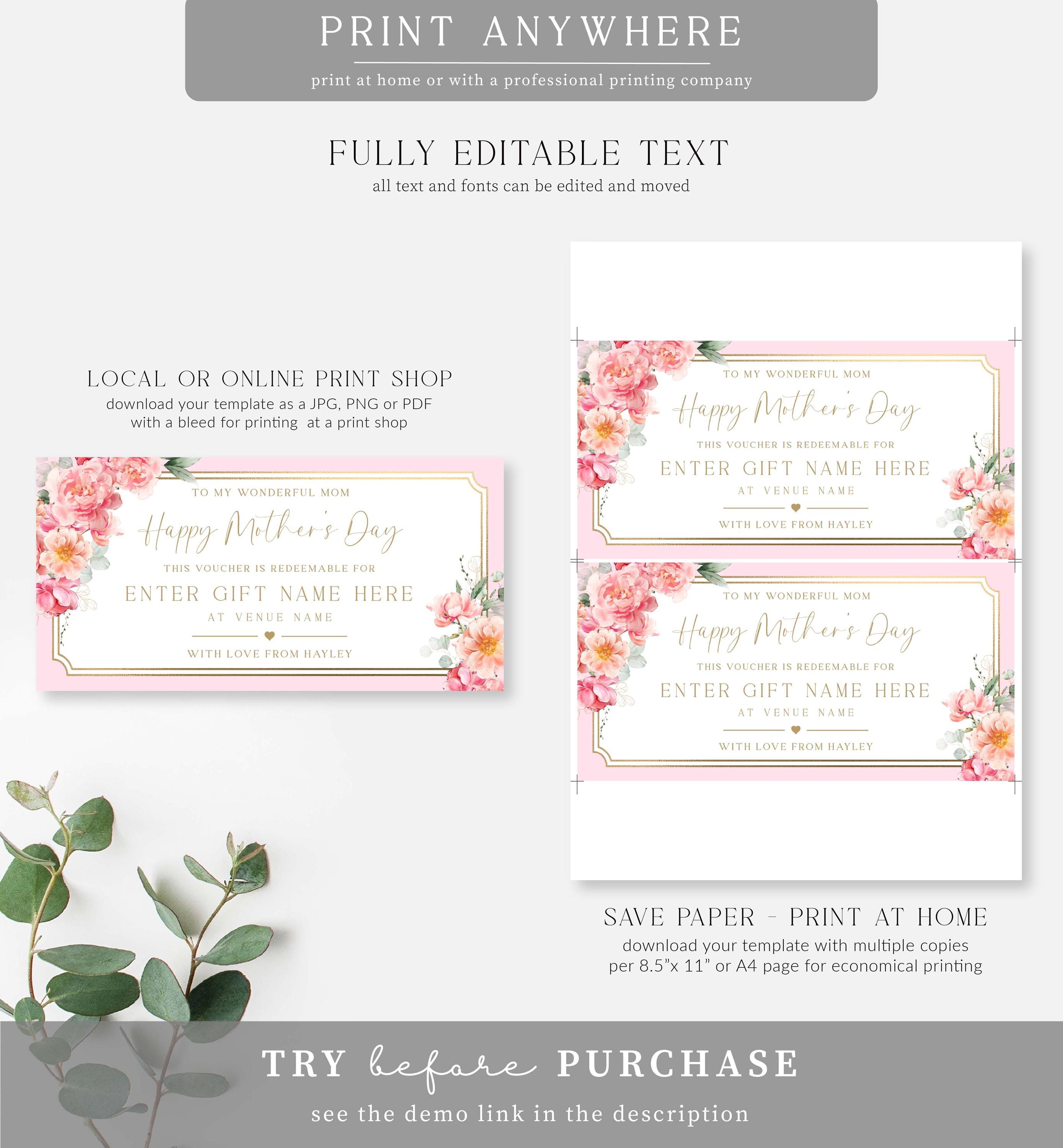 Custom Mother's Day Gift Voucher Template, Printable Mother's Day ...