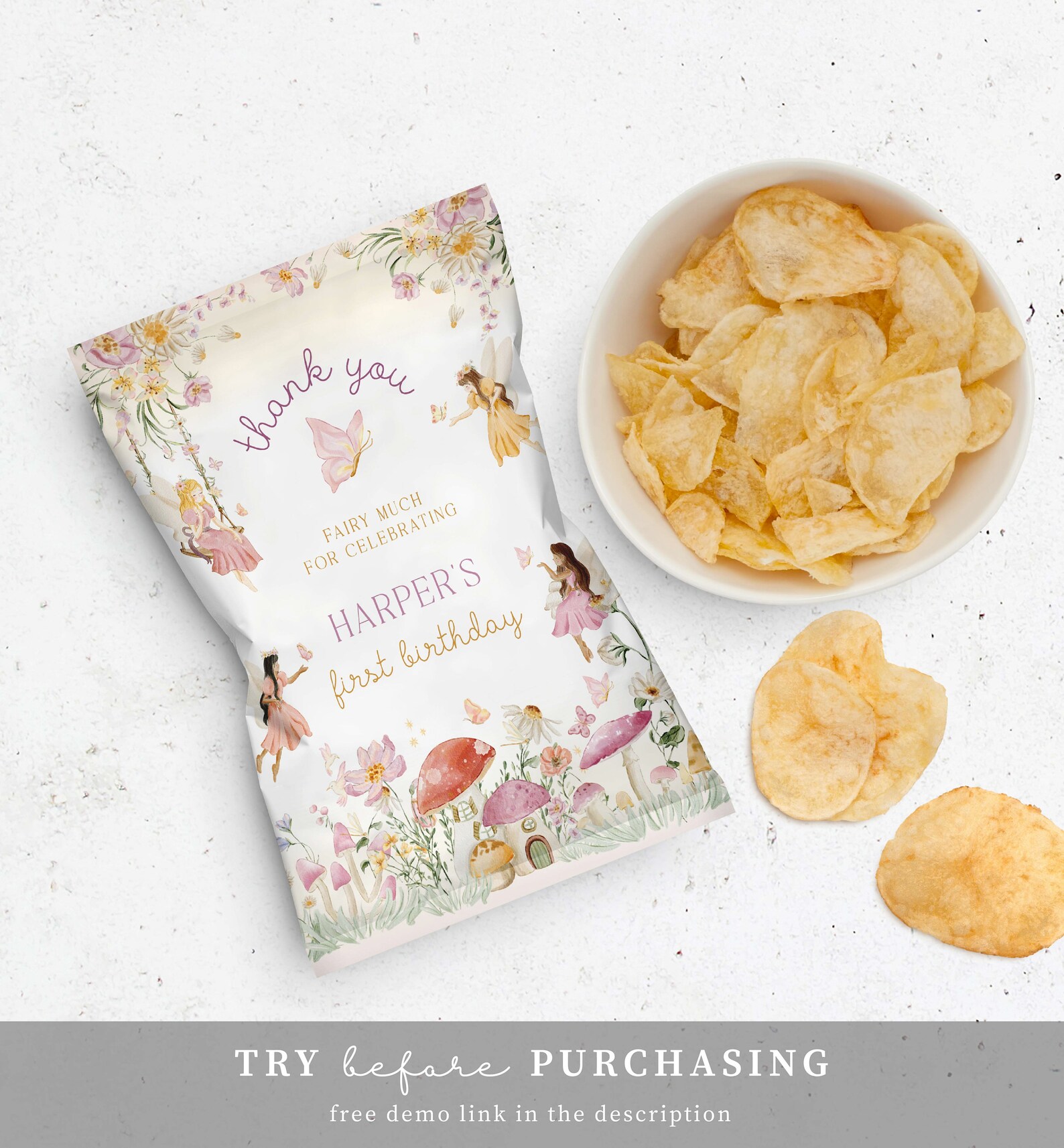 Printable Fairy First Birthday Chip Packet Wrap, Fairy Princess Favor ...