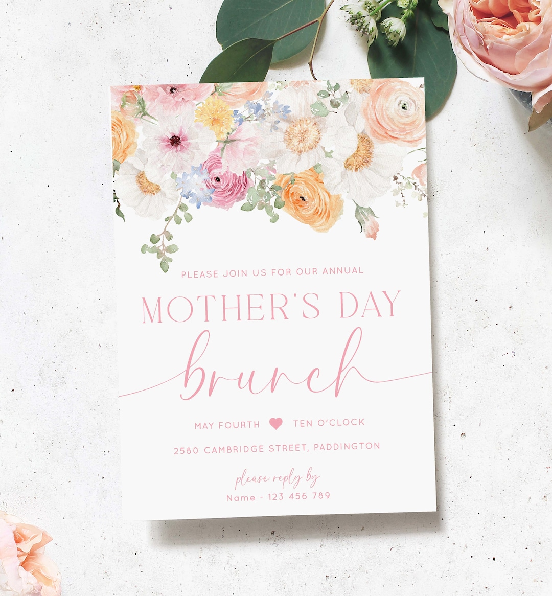Floral Mother's Day Brunch Invitation Editable Template, DIY Printable ...