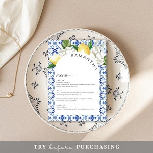 Mediterranean Blue Tile Editable Menu Arch Template, Italian Lemons ...