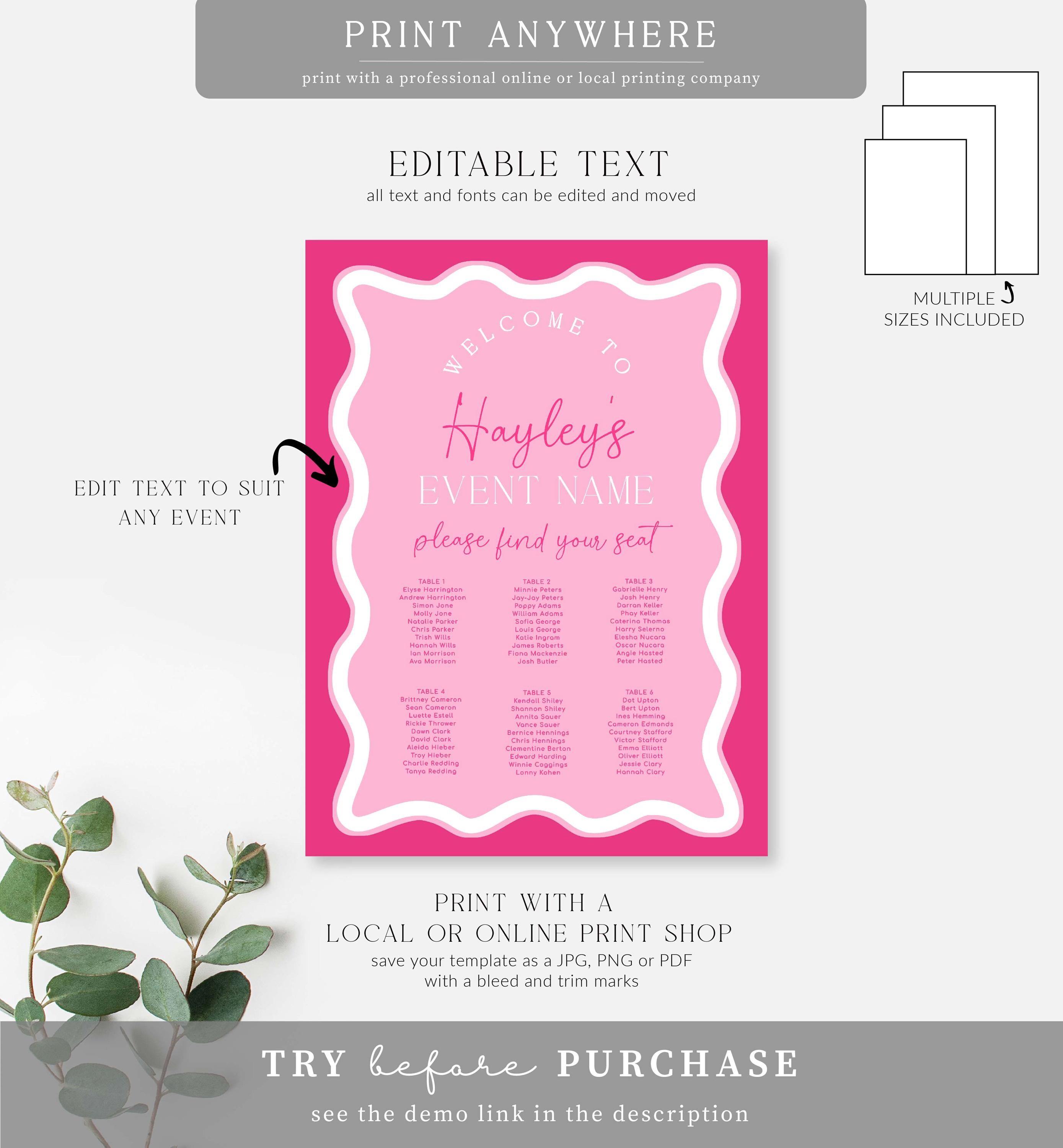 Hot Pink Wave Seating Chart Template, Bridal Shower, Bachelorette Party ...