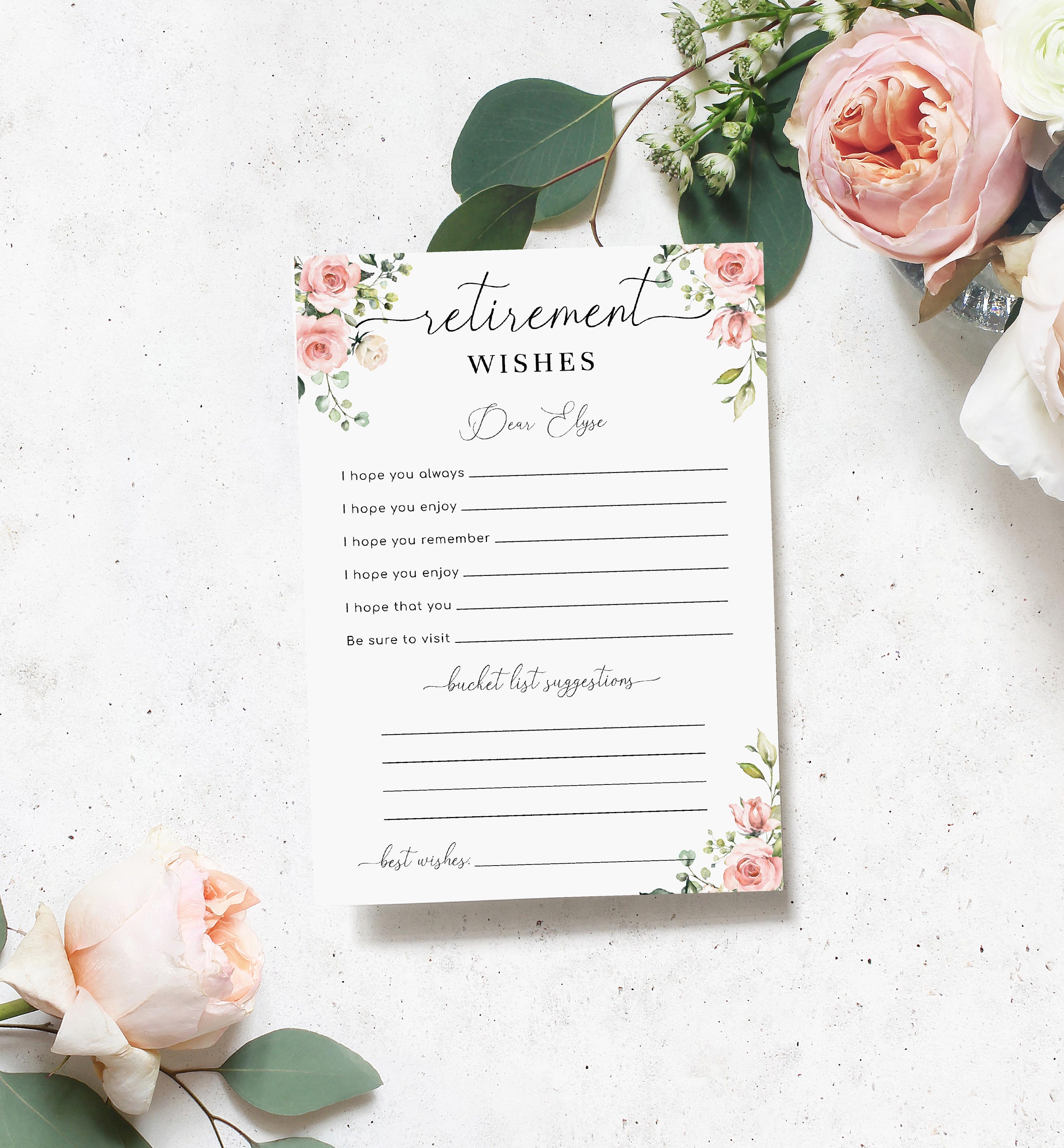 Blush Floral Retirement Wishes Card, Bucket List Keepsake (printable ...