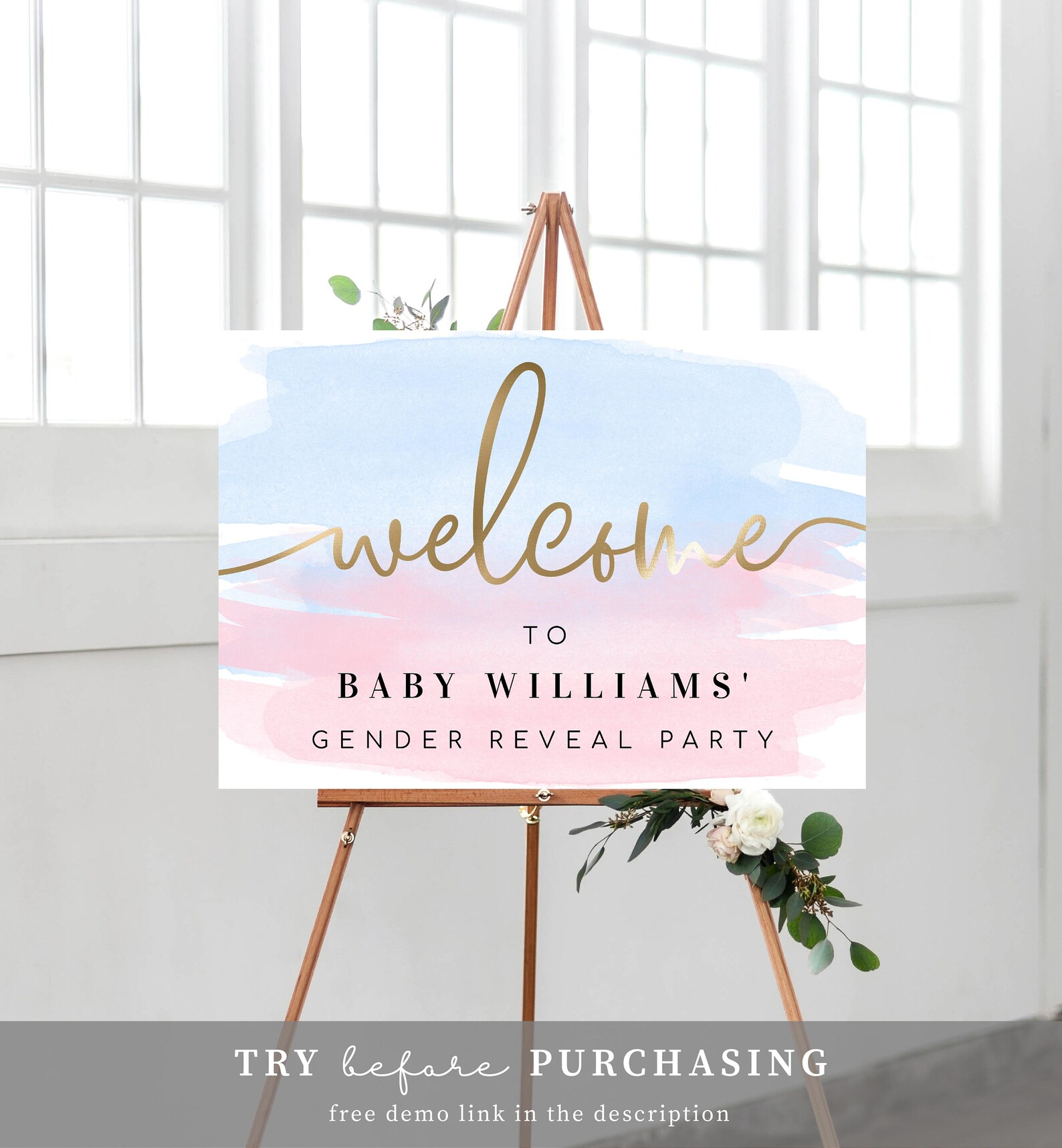 Printable Welcome Sign Pink Blue Watercolour Gender Reveal Party ...