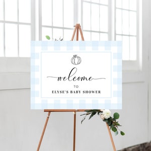 Blue Gingham Welcome Sign, Fall Pumpkin Boy Baby Shower Pale Blue Check ...