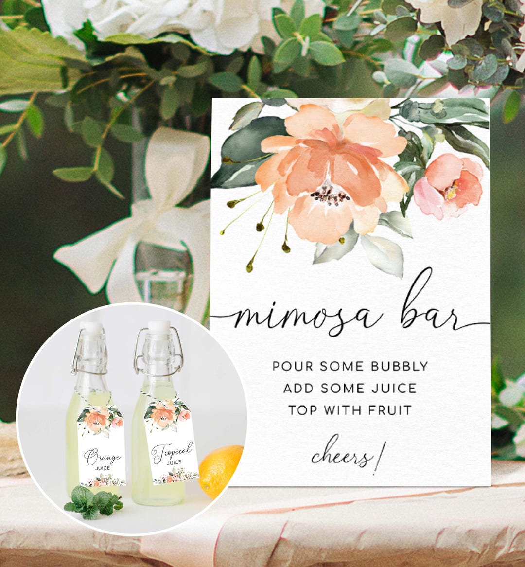 Mimosa Bar Sign and Juice Tags Template, Printable Bridal Shower Drinks ...