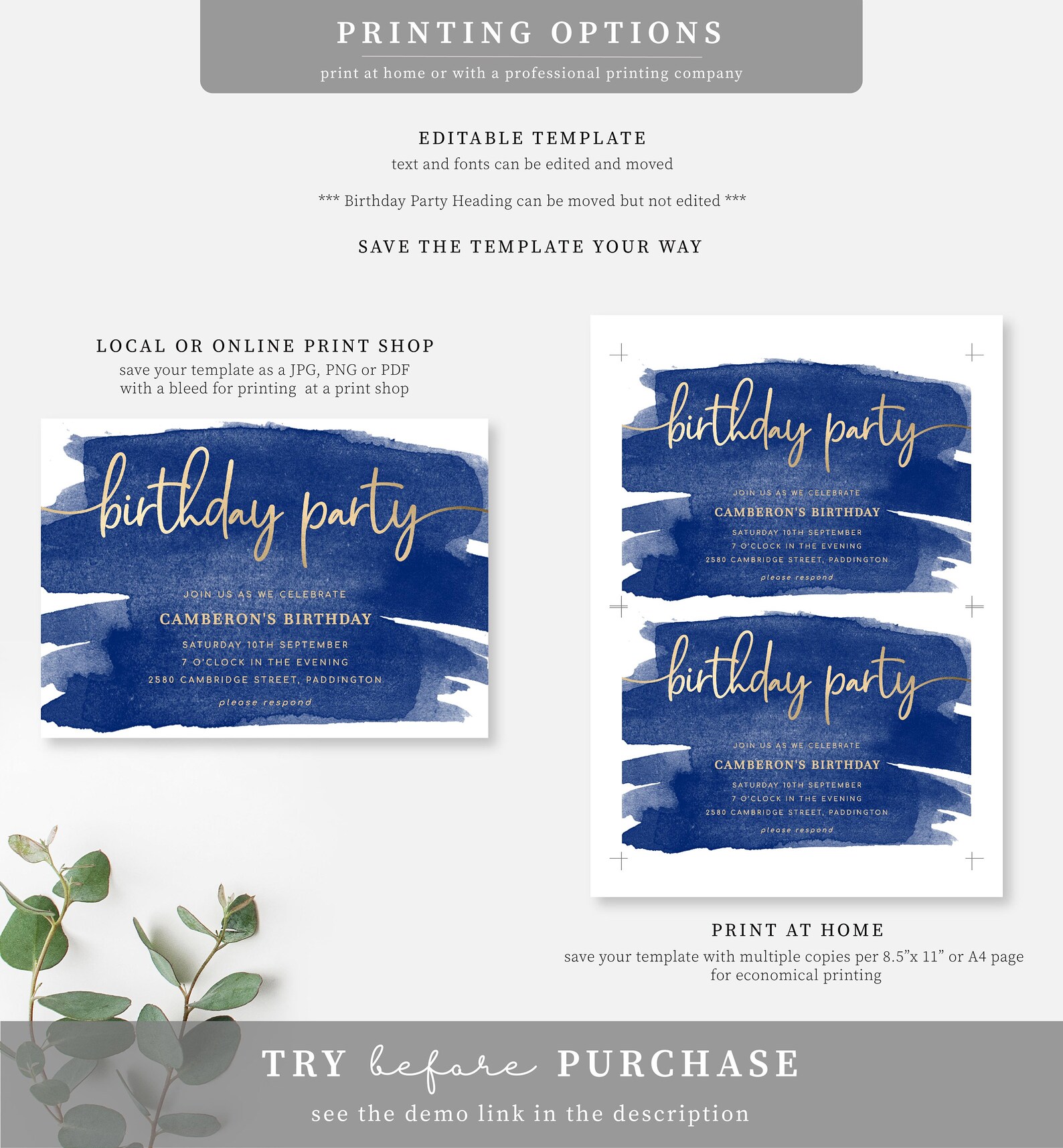 Navy Watercolor Birthday Printable Invitation – Faux Gold Foil (digital ...