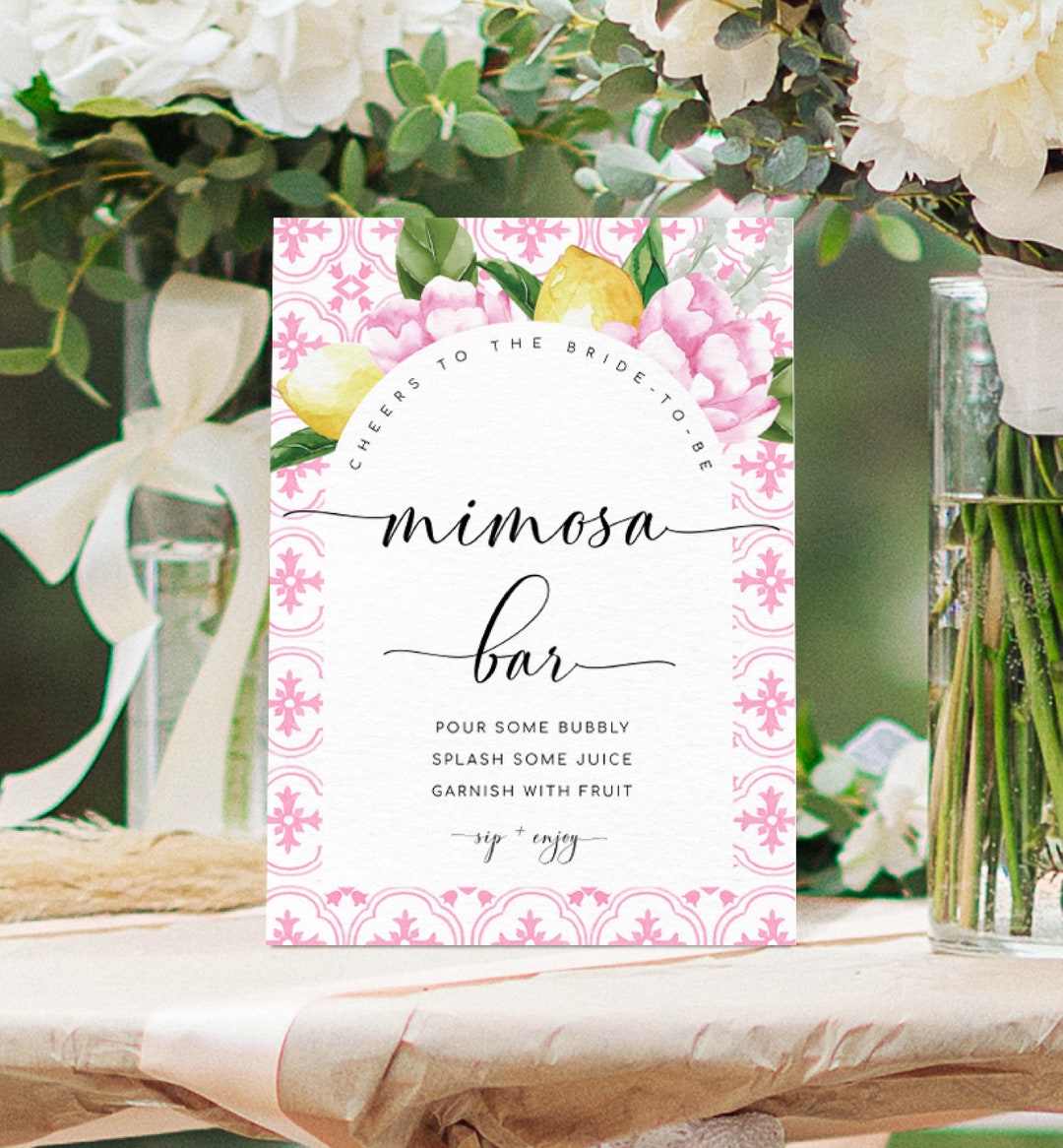 Mimosa Bar Sign and Juice Tags Template, Mediterranean Pink Tile Lemons ...