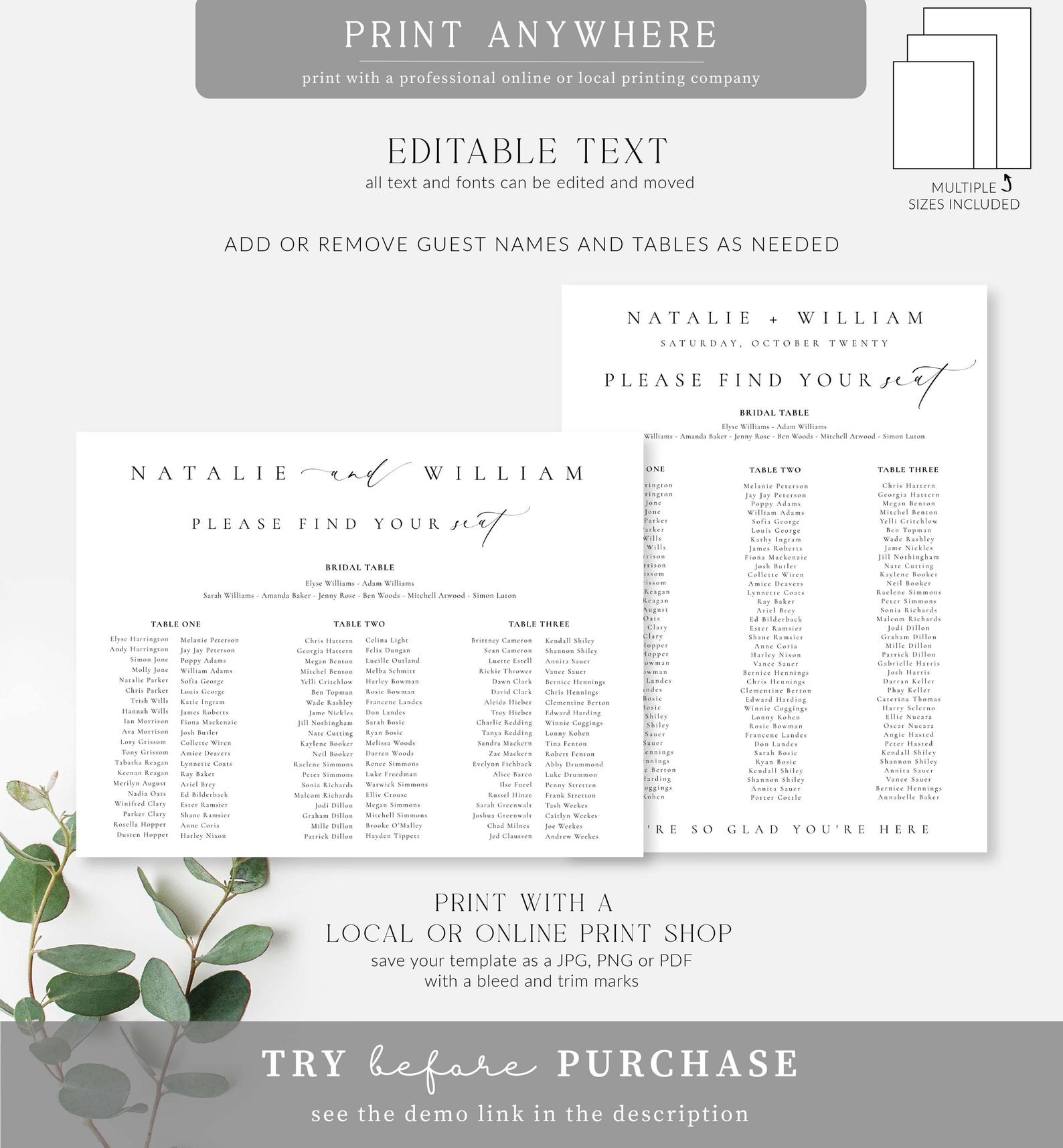 Minimalist Wedding Table Seating Chart Template, Ellesmere (digital ...