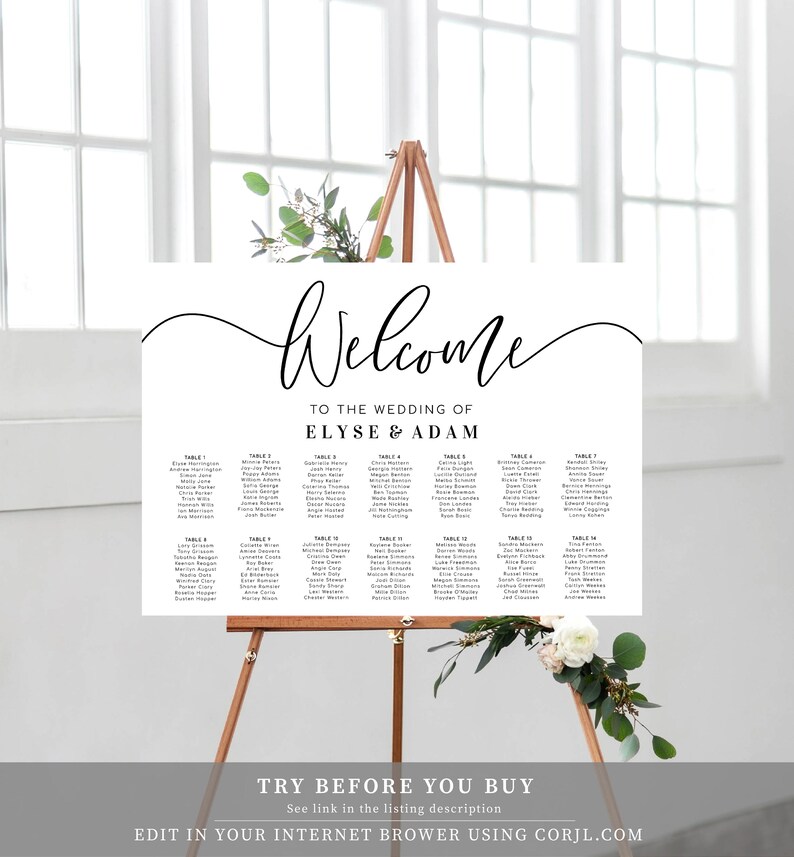 Printable Seating Chart, Modern Script Wedding Table Plan Template ...