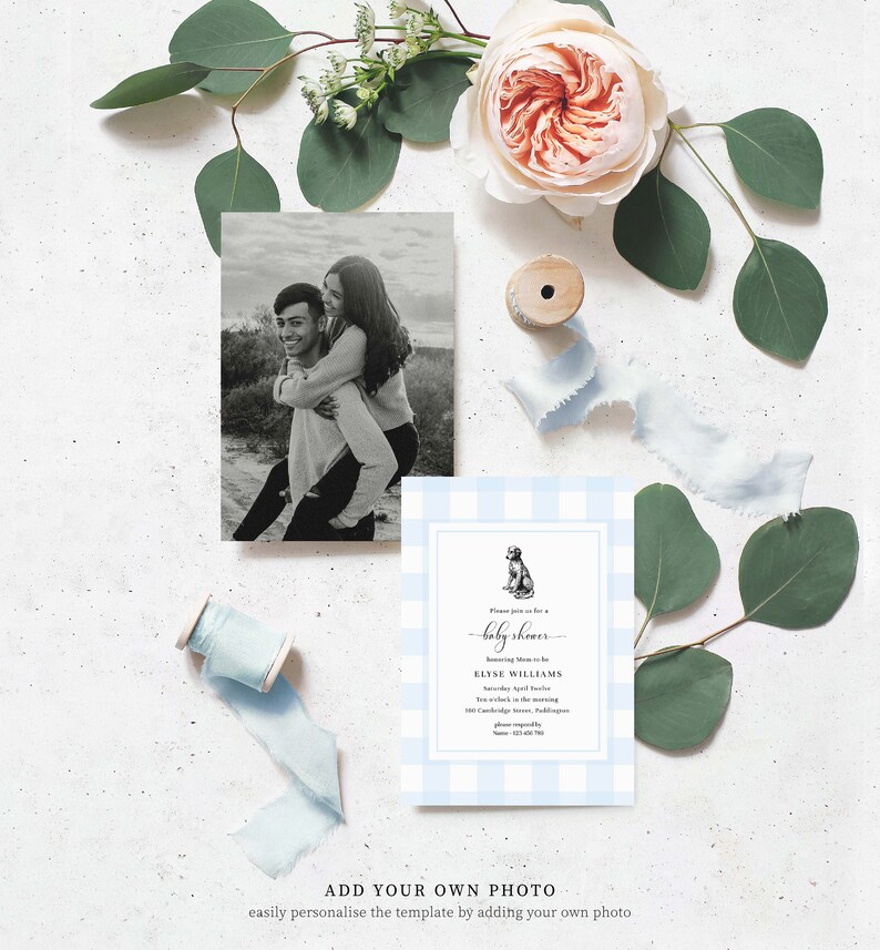 Puppy Dog Baby Shower Printable Invitation Template, Blue Gingham, Boy ...