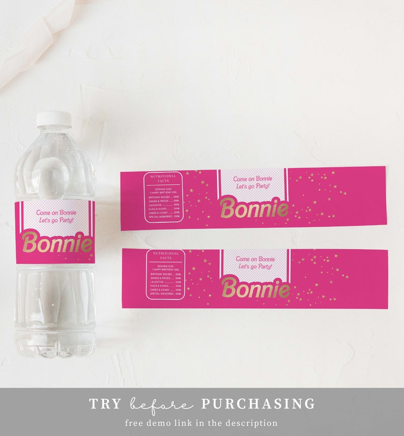 Editable Water Bottle Label Template Hot Pink Gold Doll Theme - Etsy ...