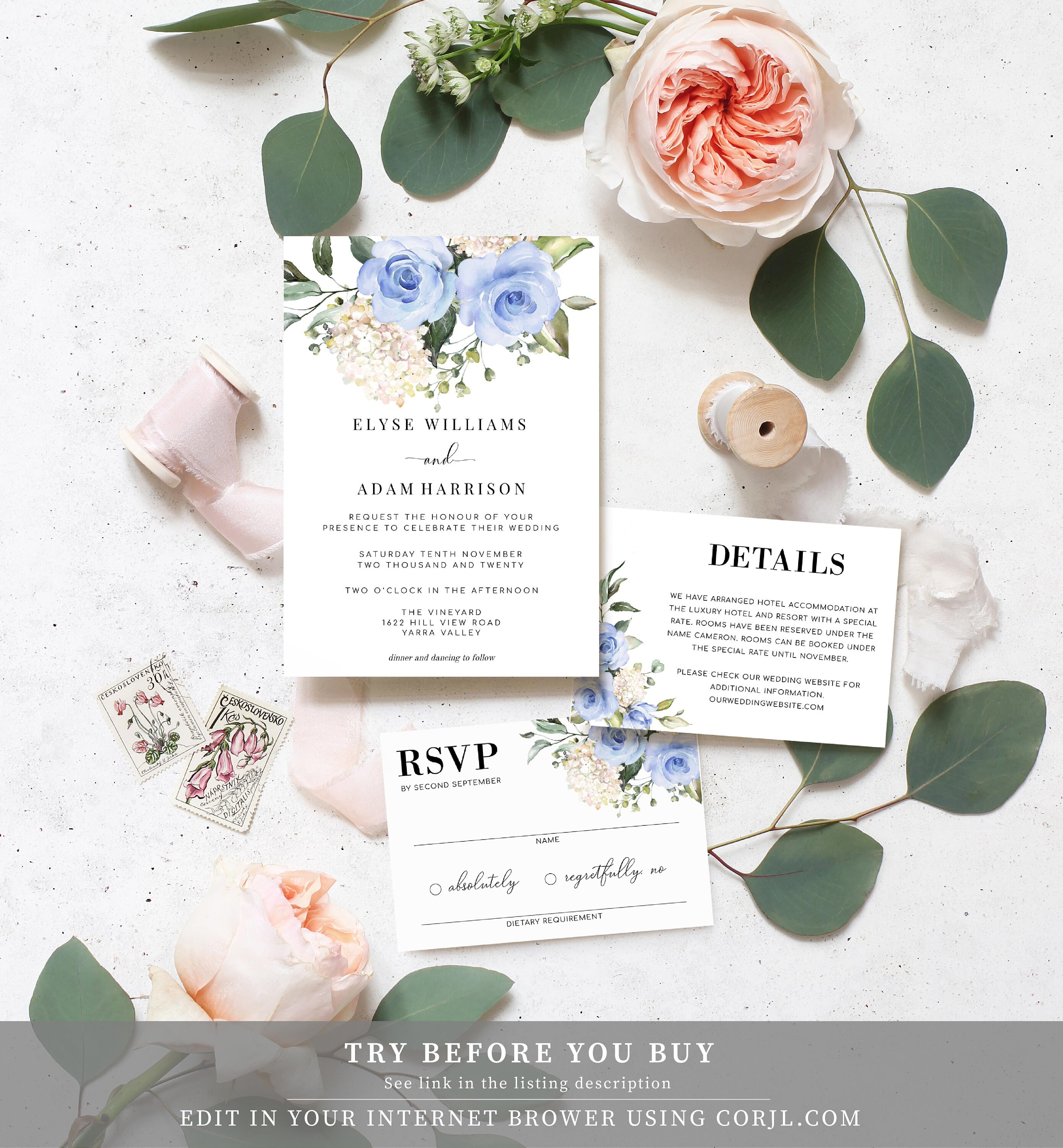 Editable Wedding Invitation Suite - RSVP Postcard - Printable Blue ...