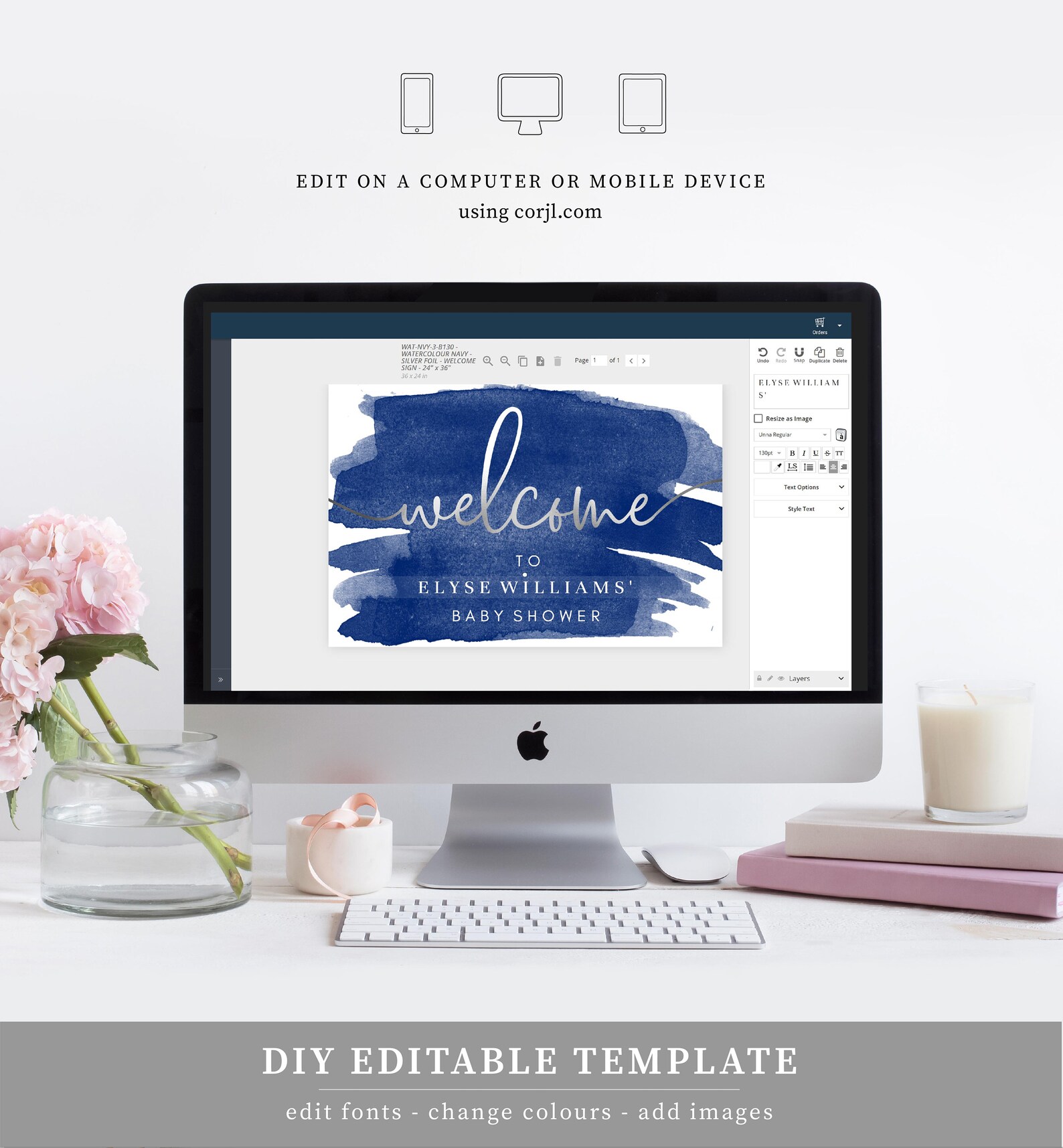 Editable Welcome Sign Navy Watercolour Silver Boy Baby - Etsy