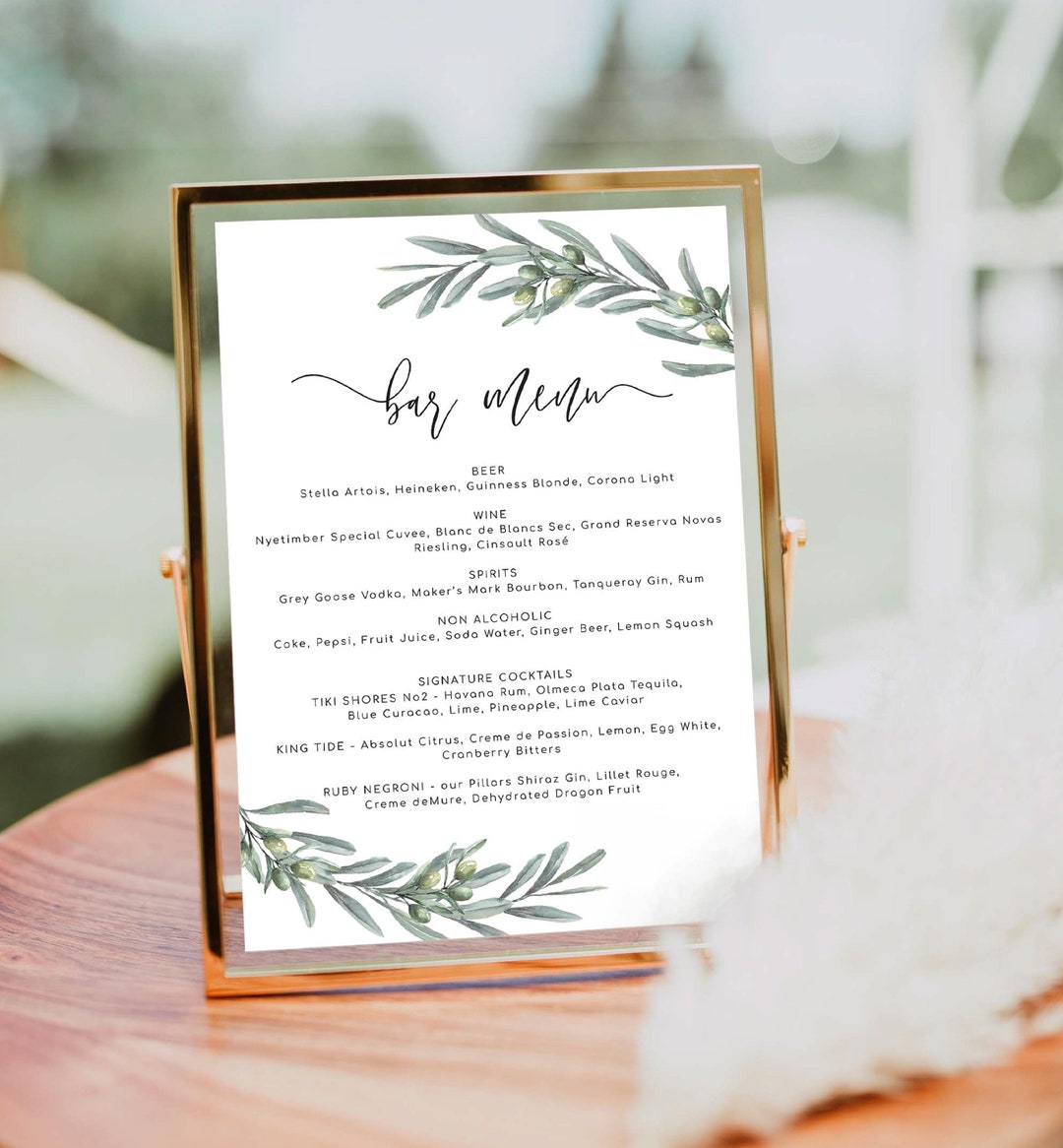 Editable Bar Menu Sign, Printable Italian Olive Leaf Wedding Bar Menu ...