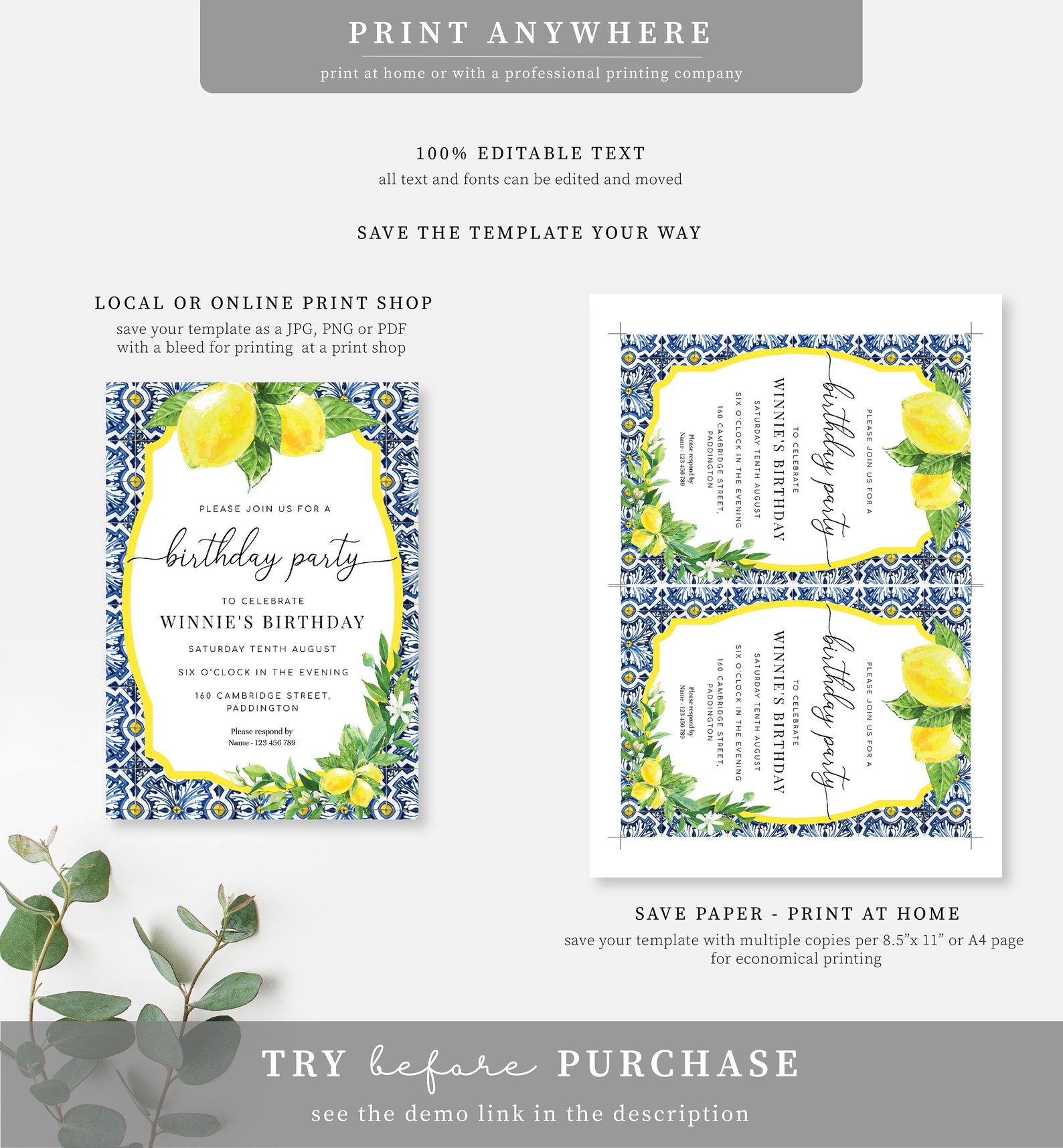 Birthday Party Invitation Positano Lemons Blue Tile Birthday - Etsy