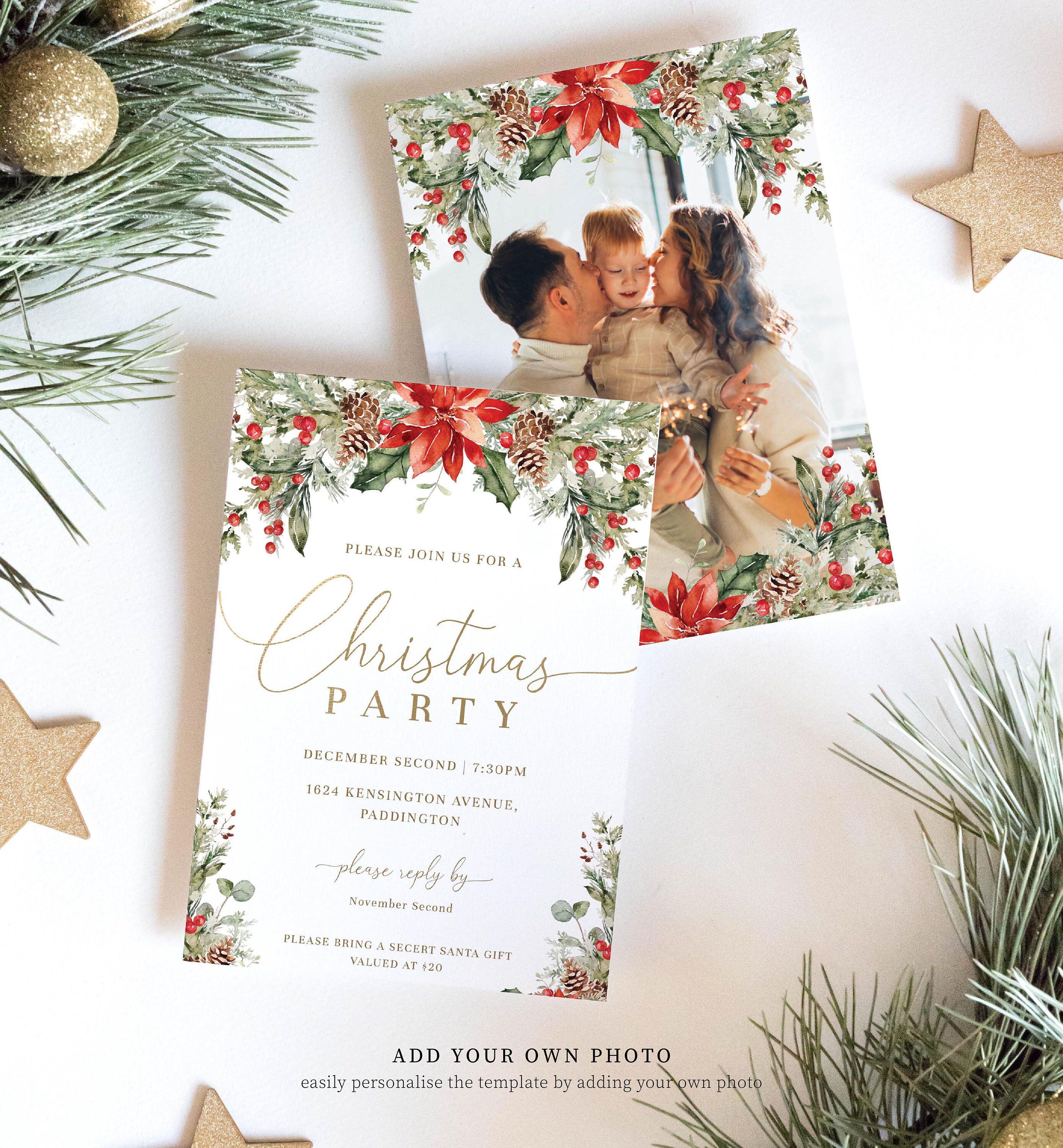 Editable Christmas Party Invitation: Holly Greenery Design (digital ...