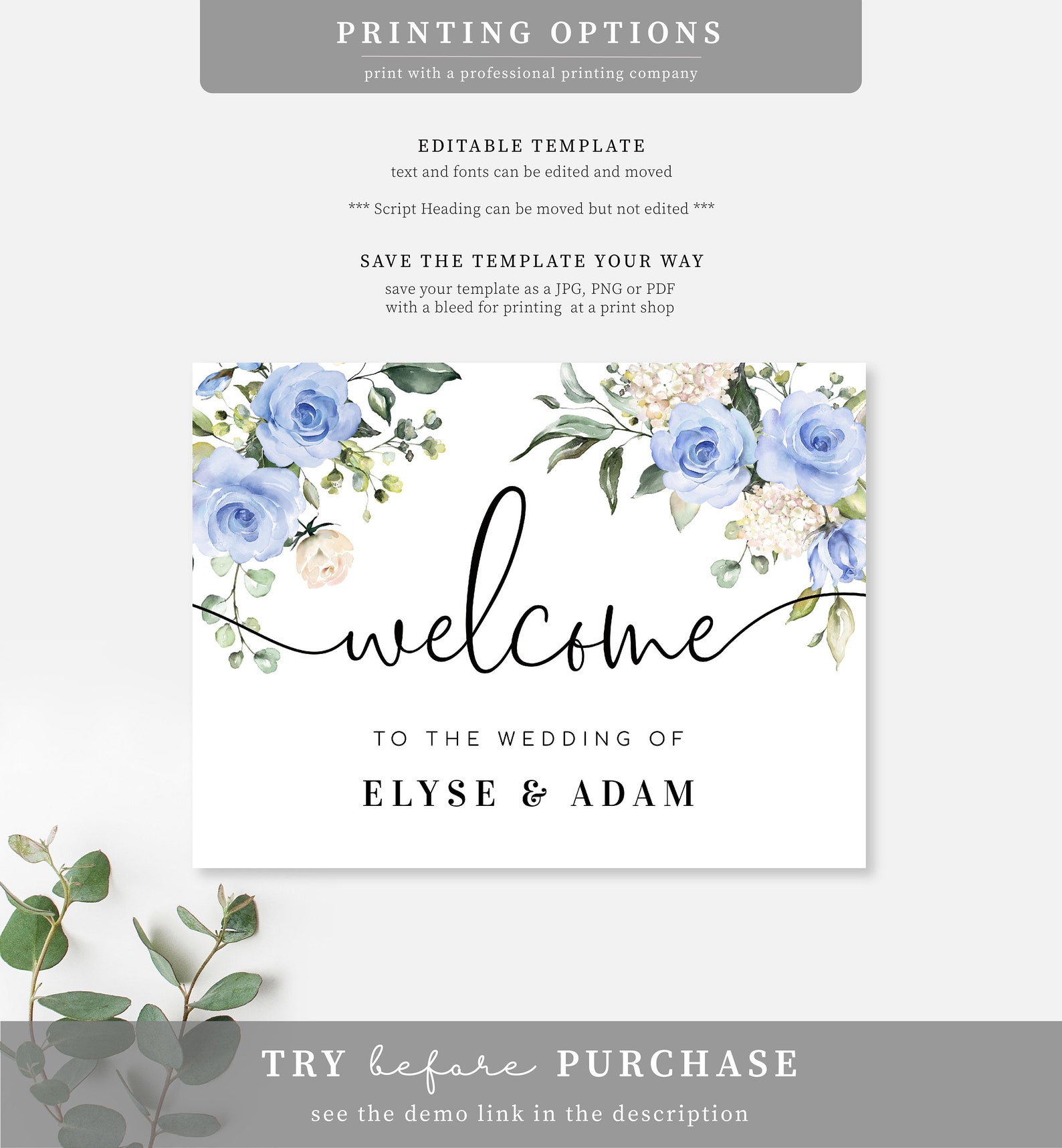 Blue Floral Welcome Sign Landscape Greenery Printable | Etsy